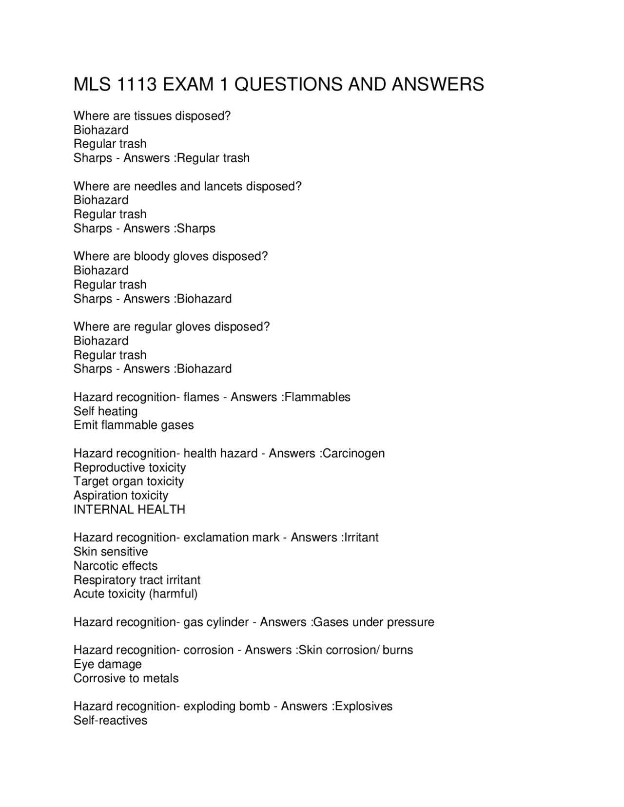MLS 1113 Exam 1: Questions and Answers on Laboratory Safety, Procedures ...