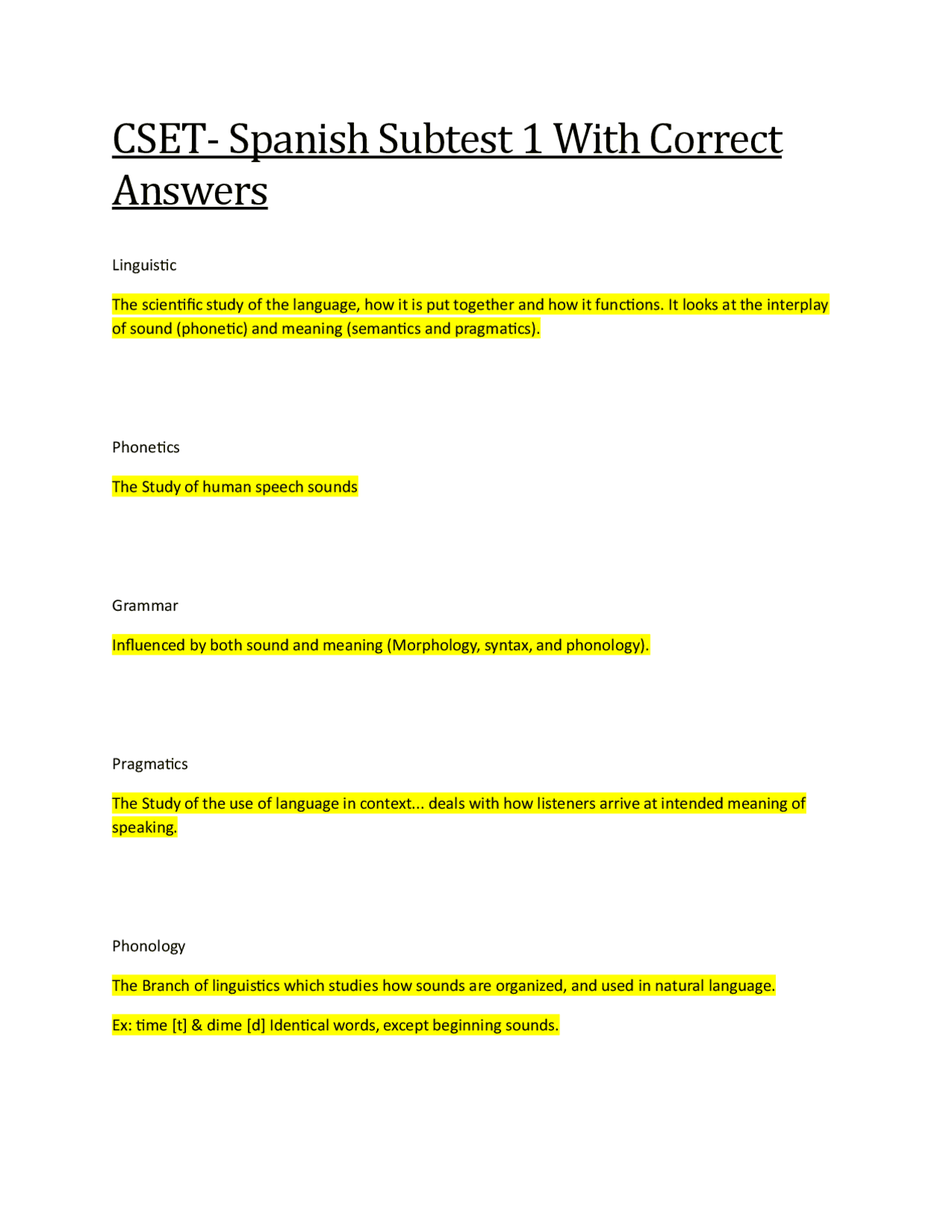 CSET- Spanish Subtest 1 | Exams Advanced Education | Docsity
