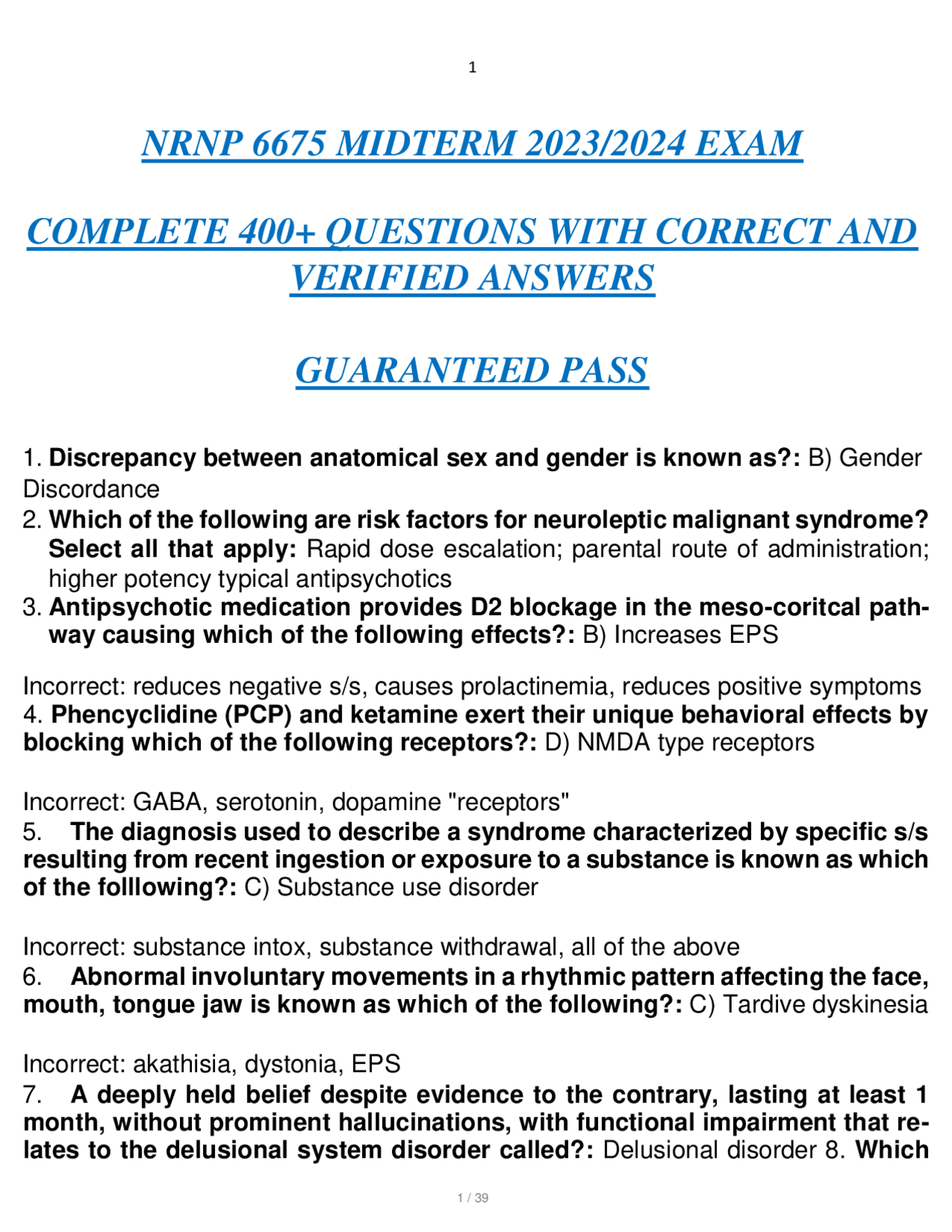 NRNP 6675 MIDTERM 2023/2024 EXAM COMPLETE 400+ QUESTIONS WITH CORRECT AND VERIFIED ANSWERS ...