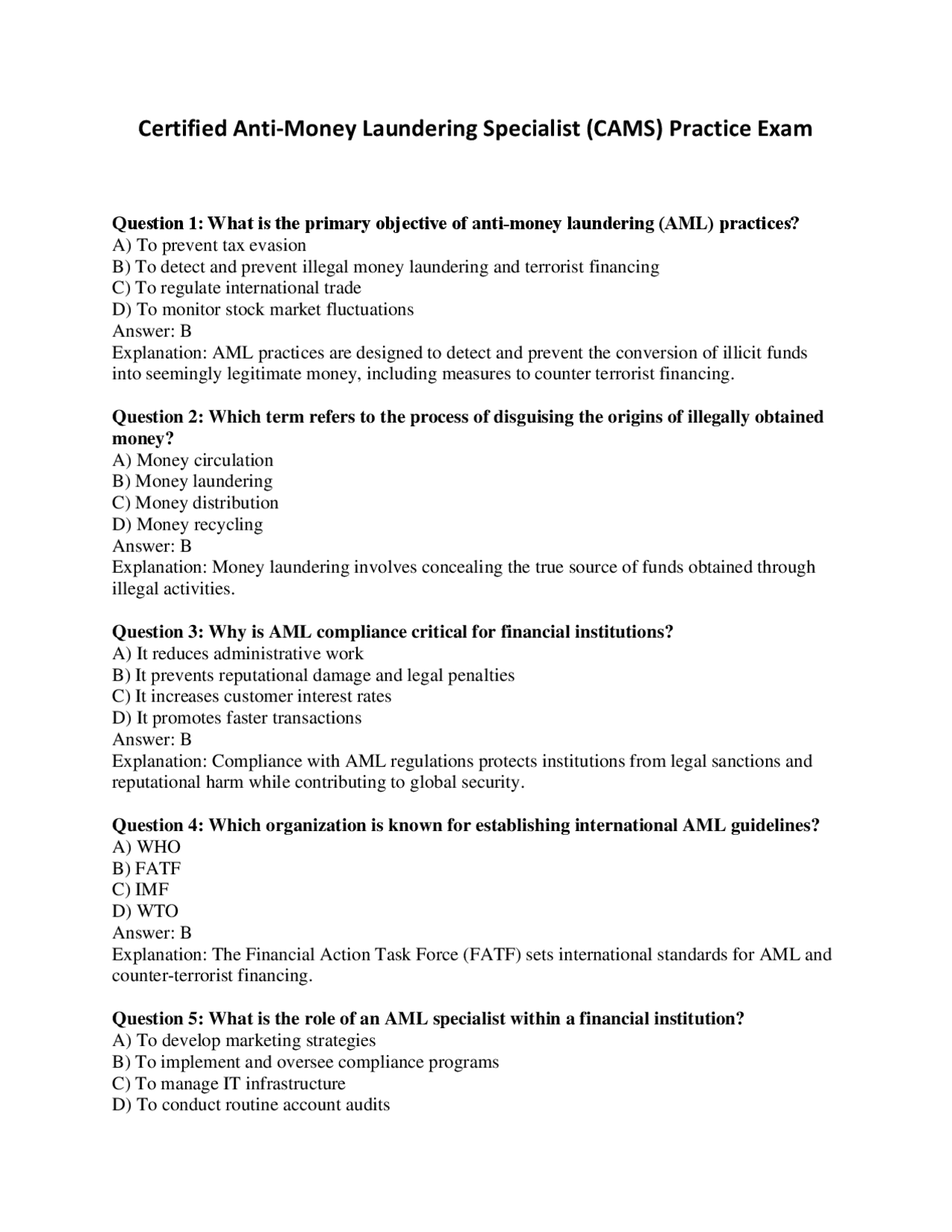 Certified Anti-Money Laundering Specialist (CAMS) Practice Exam | Exams ...