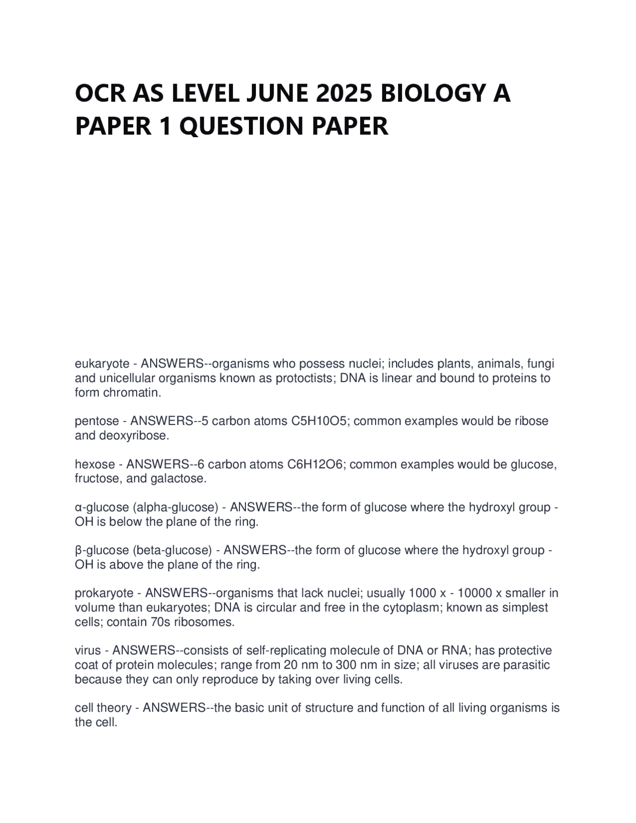 OCR AS LEVEL JUNE 2025 BIOLOGY A PAPER 1 QUESTION PAPER eukaryote ...