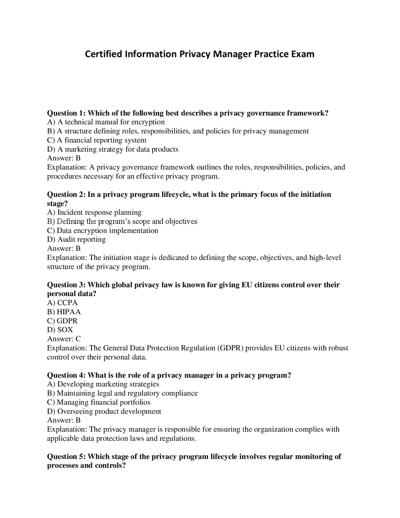 Certified Information Privacy Manager Exam | Exams Technology | Docsity