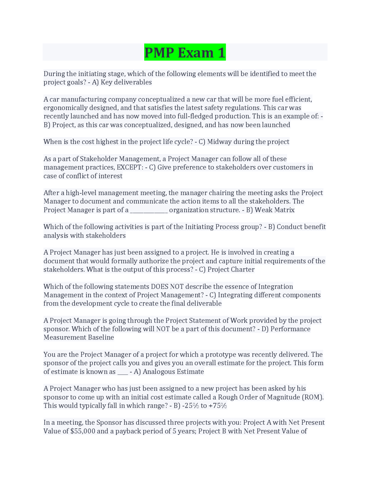 PMP Exam 1 Questions And Answers | Exams Advanced Education | Docsity