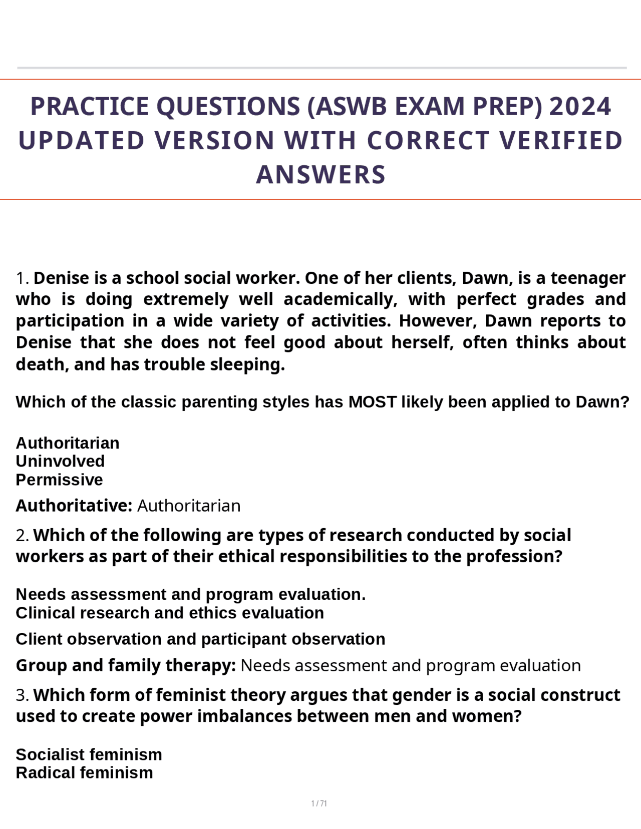 PRACTICE QUESTIONS (ASWB EXAM PREP) 2024 UPDATED VERSION WITH CORRECT ...