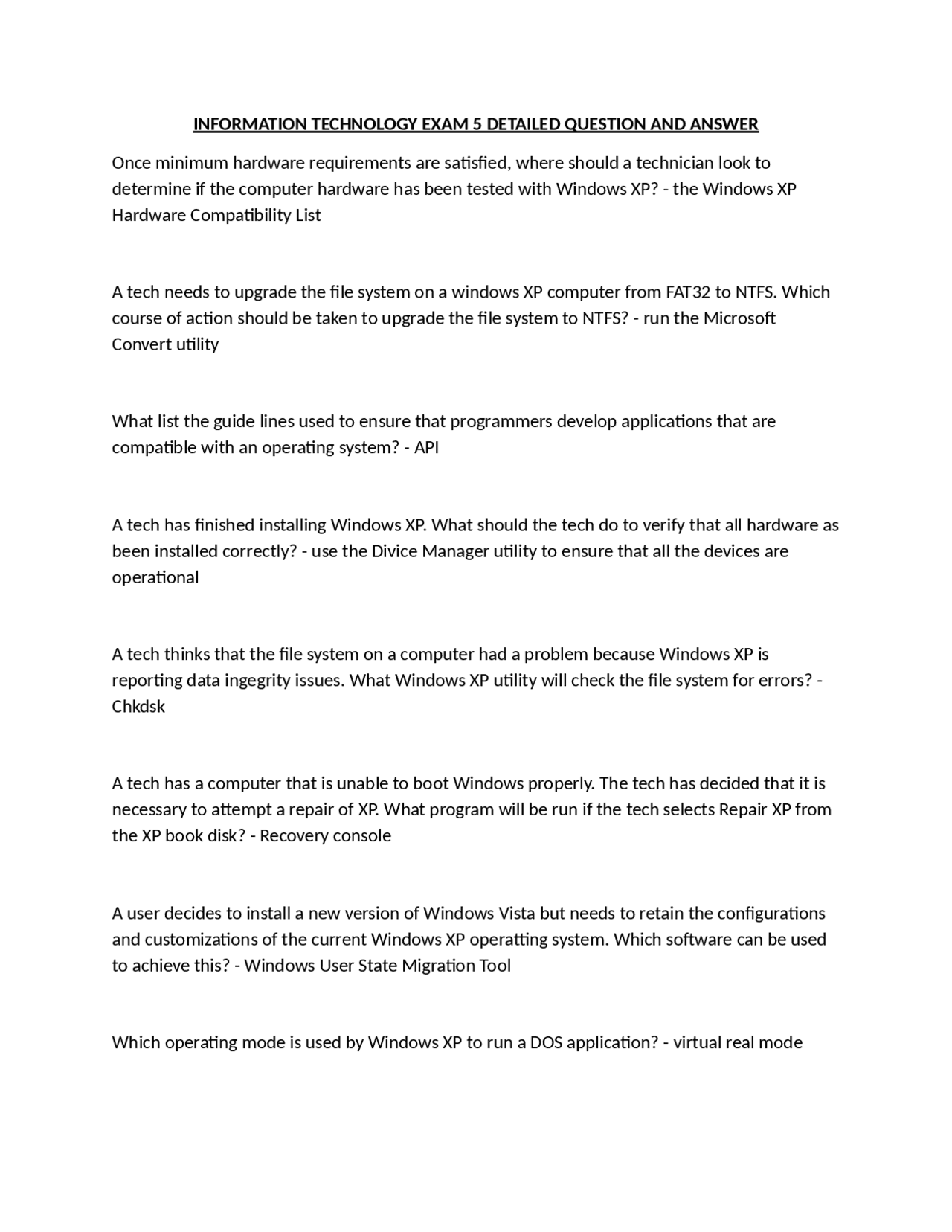 Windows XP Exam Questions and Answers | Exams Advanced Education | Docsity