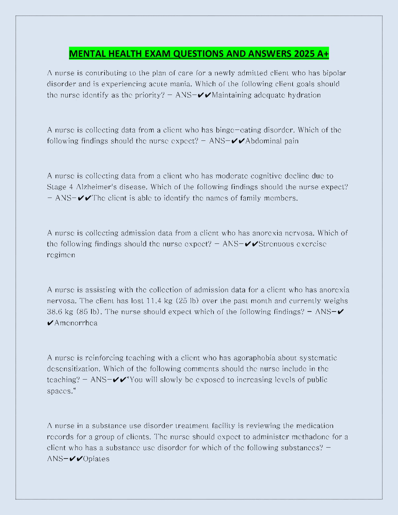 MENTAL HEALTH EXAM QUESTIONS AND ANSWERS 2025 A+ | Exams Nursing | Docsity