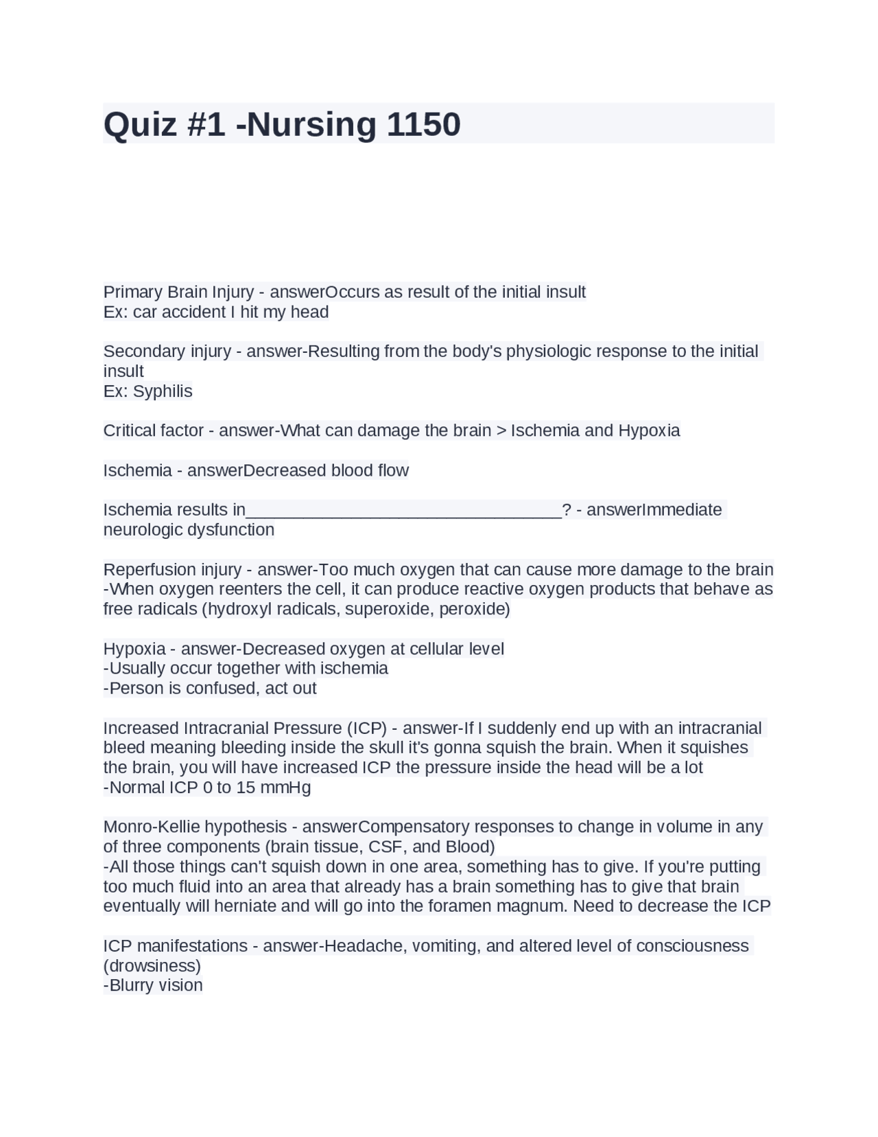 Nursing 1150 Quiz #1: Primary Brain Injury and Related Concepts | Exams ...
