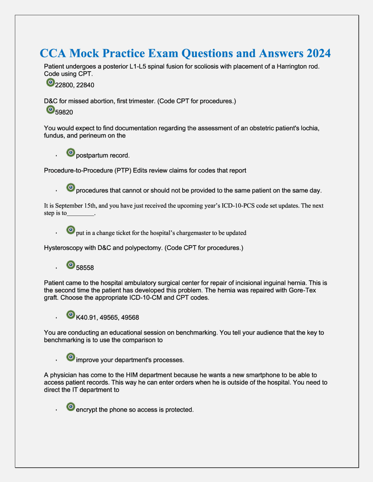 CCA Mock Practice Exam Questions and Answers 2024 | Exams Nursing | Docsity