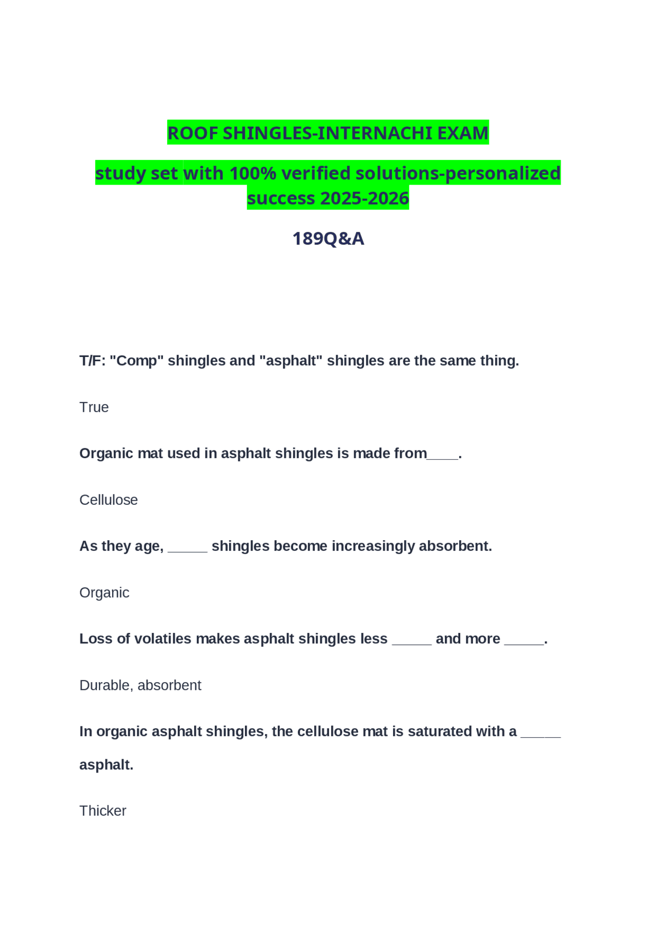 ROOF SHINGLES-INTERNACHI EXAM study set with 100% verified solutions ...