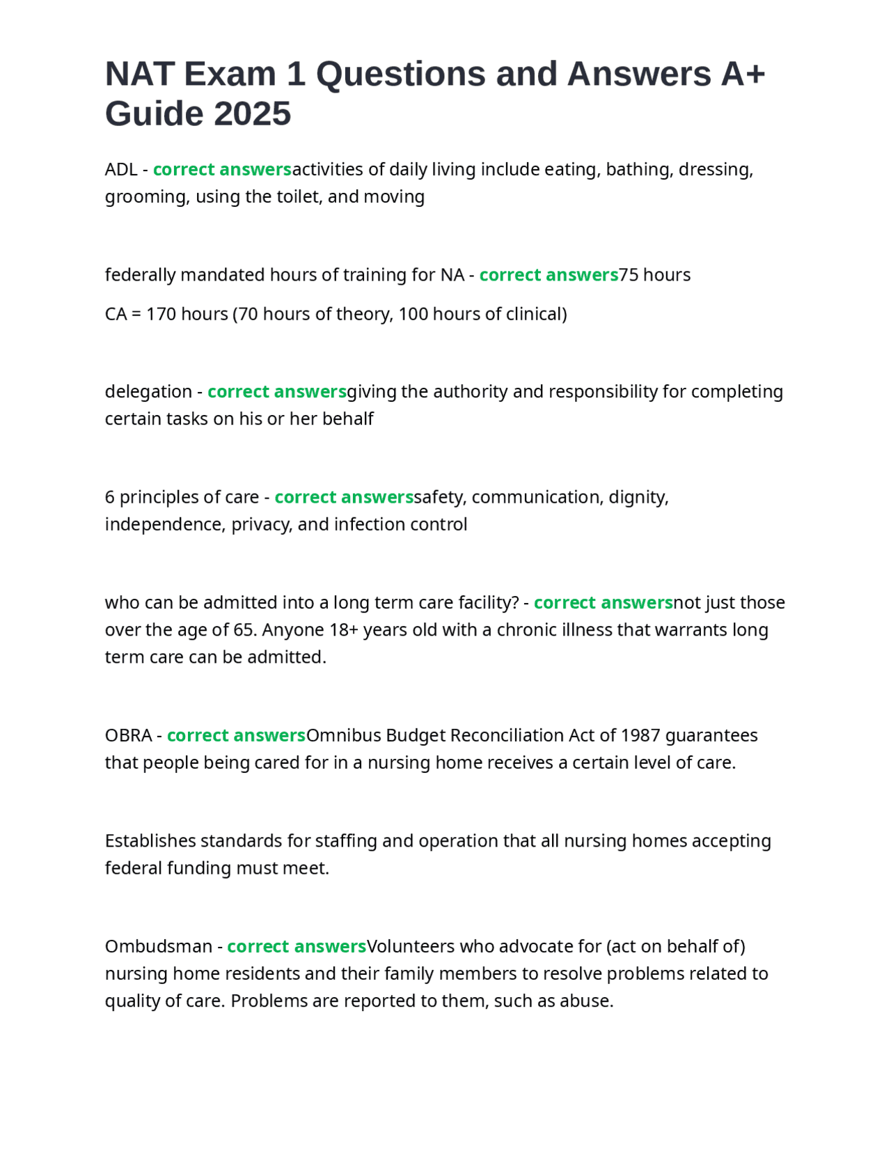 NAT Exam 1 Questions and Answers A+ Guide 2025 | Exams Nursing | Docsity