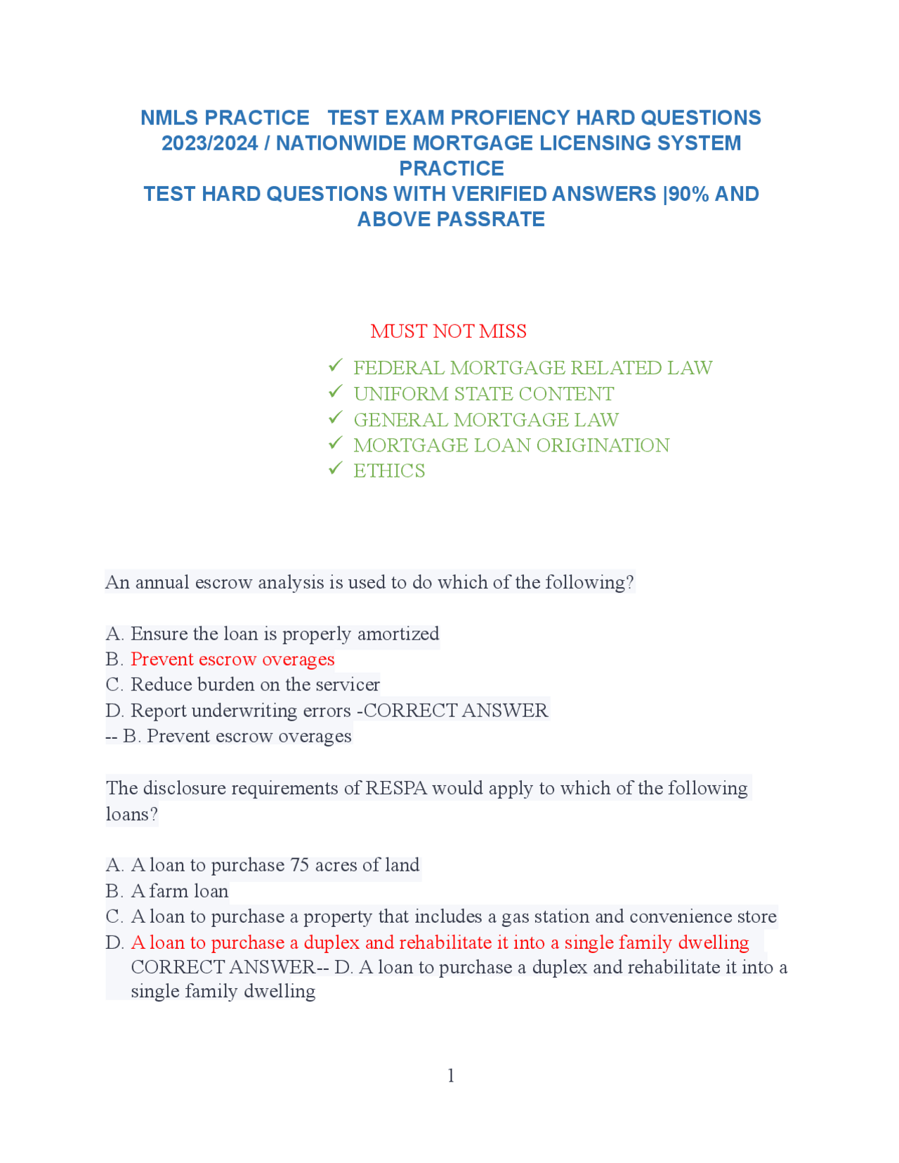 NMLS PRACTICE TEST EXAM PROFIENCY HARD QUESTIONS | Exams Nursing | Docsity