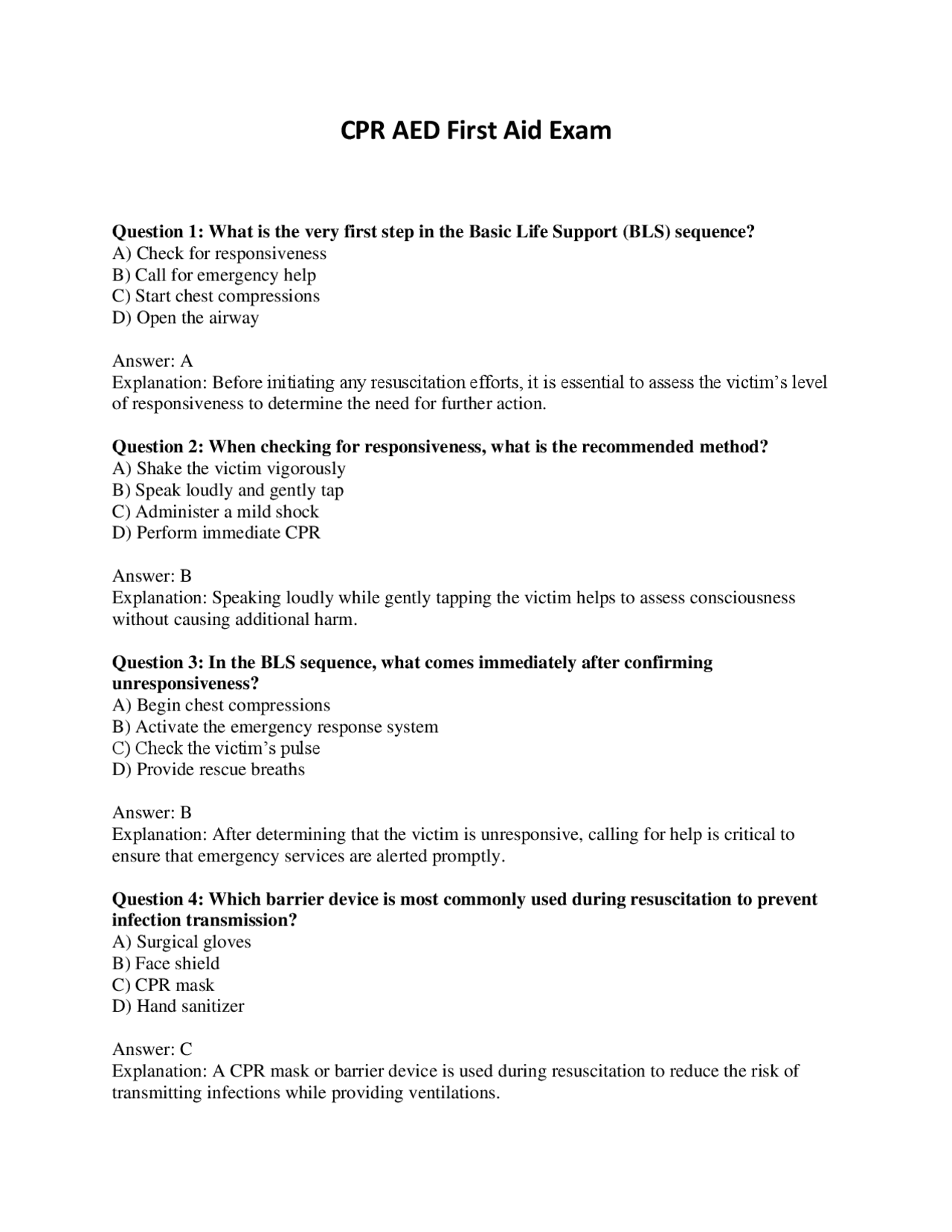 CPR AED First Aid Exam | Exams Technology | Docsity