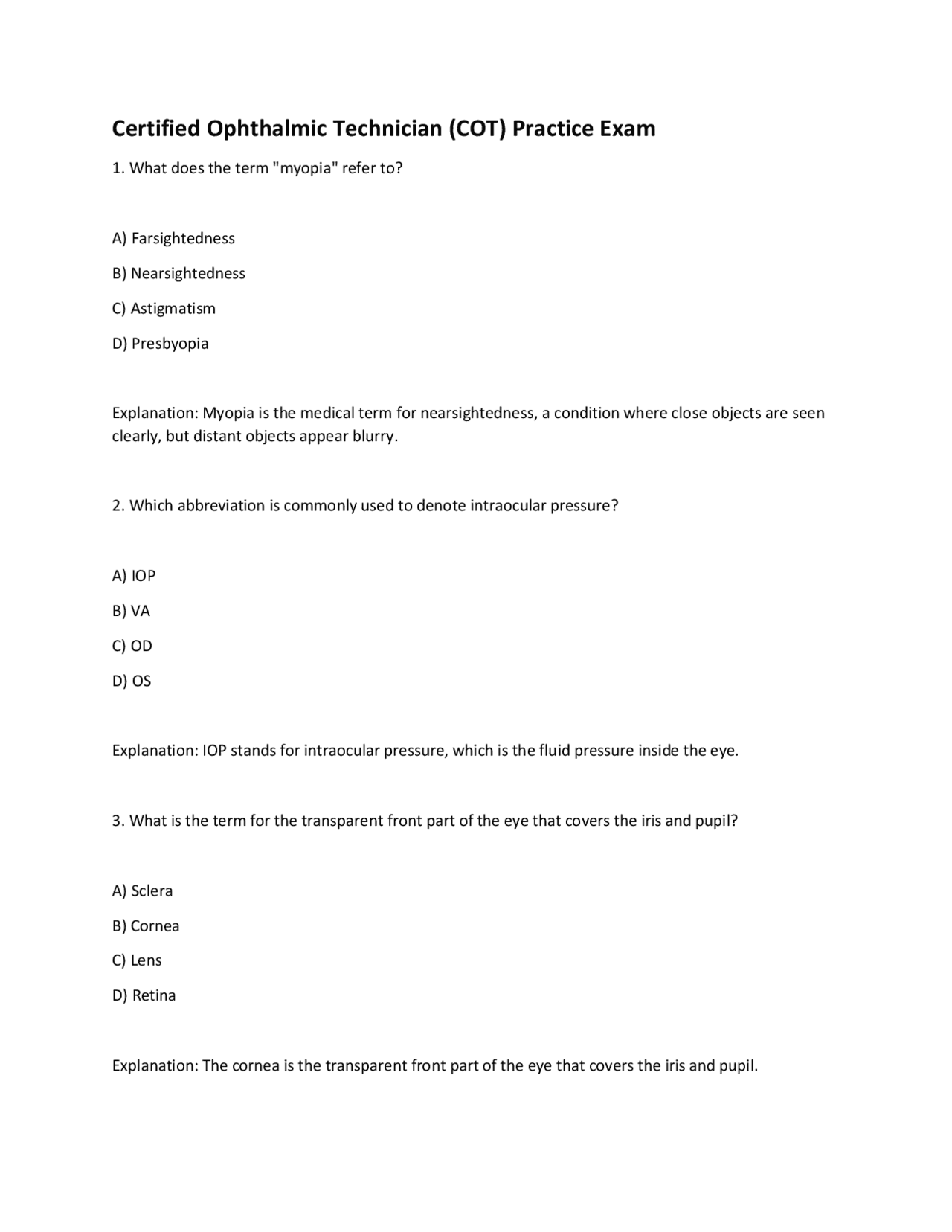 Certified Ophthalmic Technician (COT) Exam | Exams Technology | Docsity