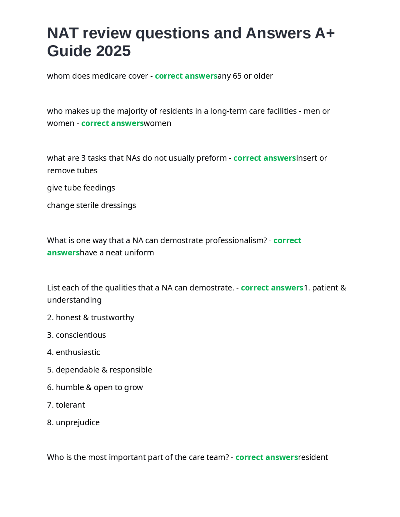 NAT review questions and Answers A+ Guide 2025 | Exams Nursing | Docsity