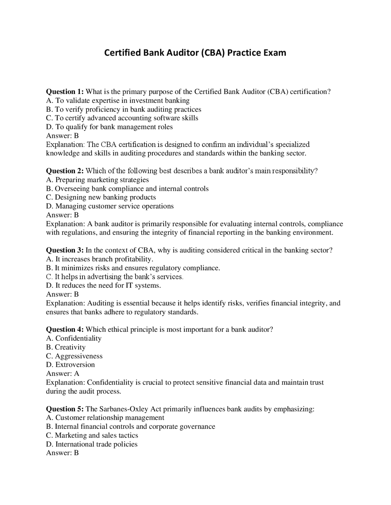 Certified Bank Auditor (CBA) Exam | Exams Technology | Docsity