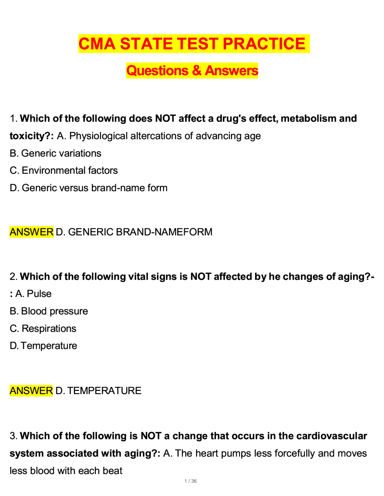 2025 STATE TEST PRACTICE FOR CMA Questions and Answers (2025/2026 ...