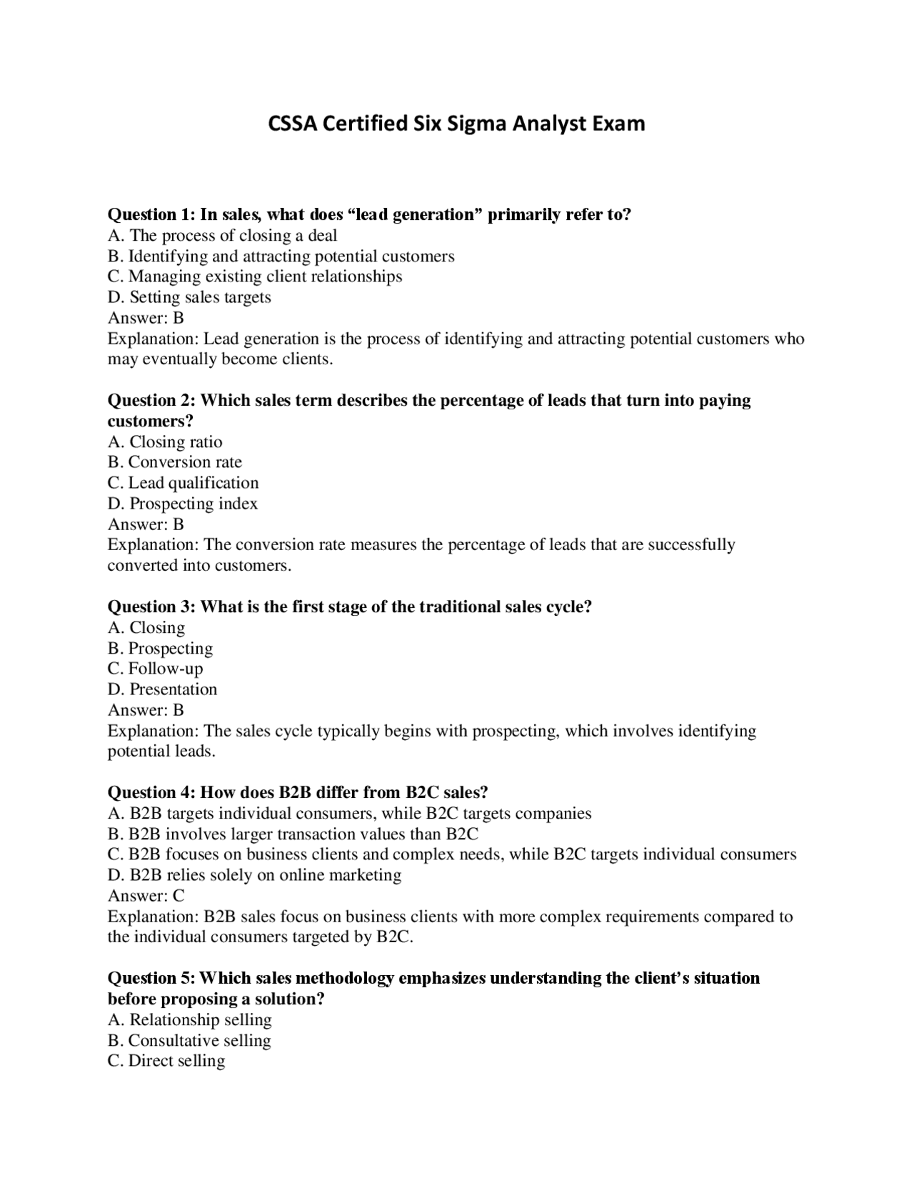 CSSA Certified Six Sigma Analyst Exam | Exams Technology | Docsity