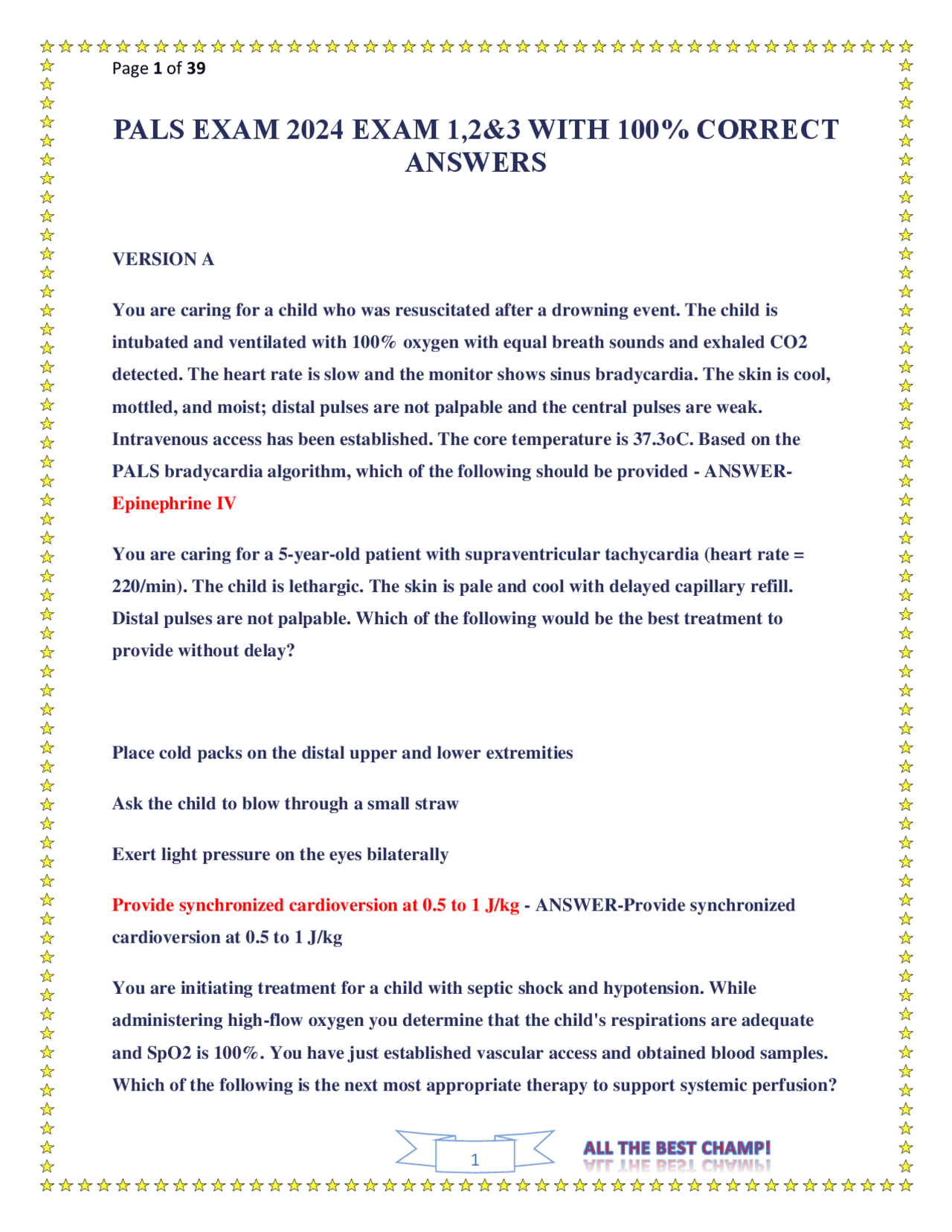 PALS EXAM 2024 EXAM 1,2&3 WITH 100% CORRECT ANSWERS.pdf | Exams Nursing ...