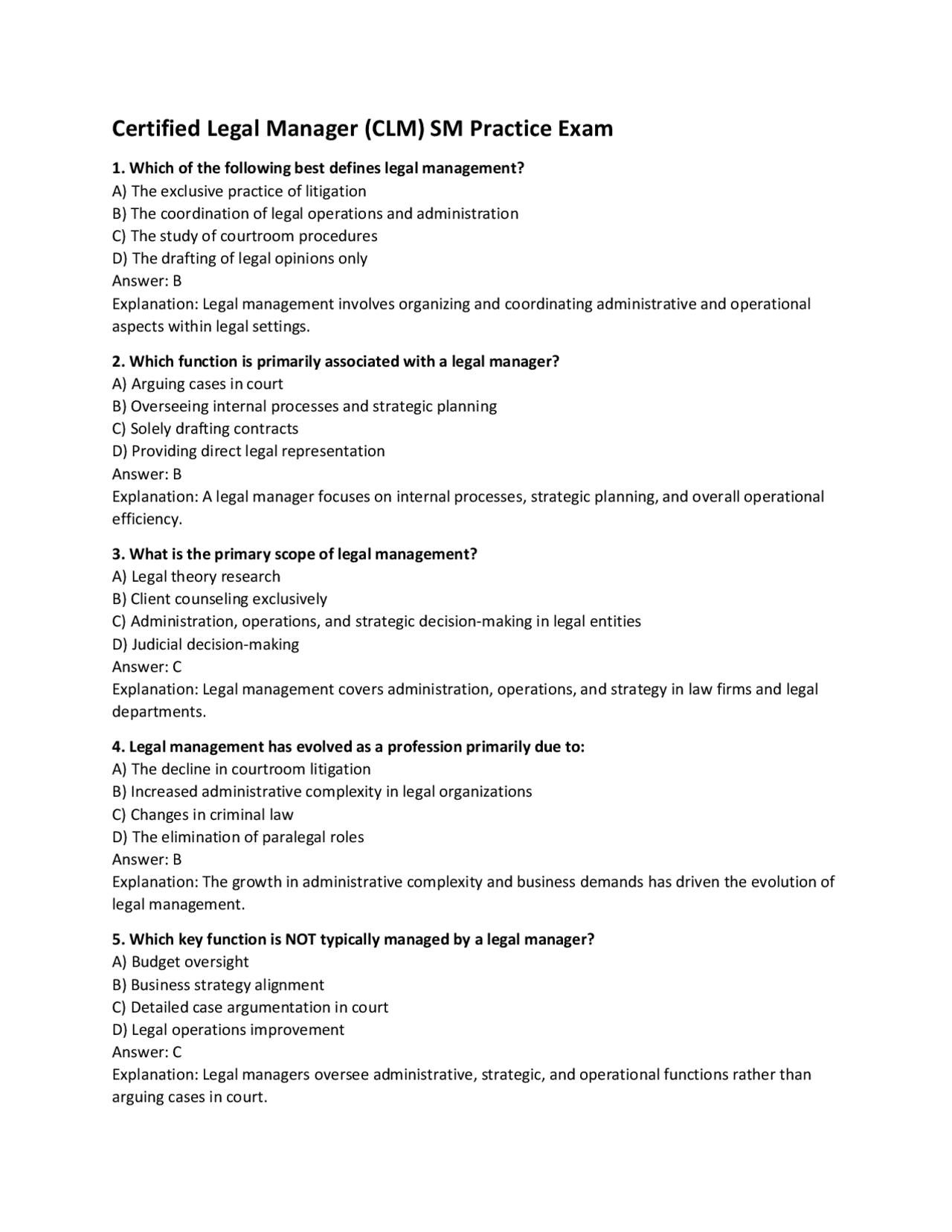 Certified Legal Manager (CLM) SM Exam | Exams Technology | Docsity