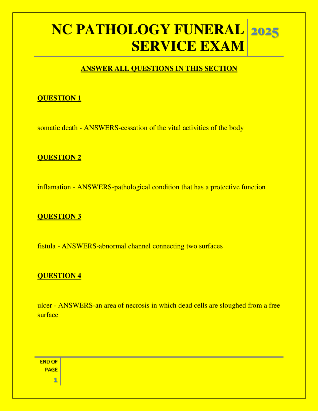 NC PATHOLOGY FUNERAL SERVICE EXAM QUESTIONS AND ANSWERS 2025 | Exams ...