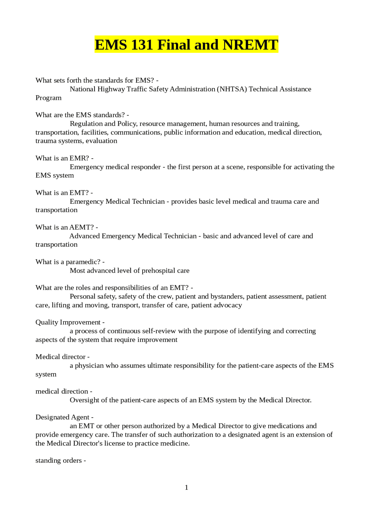 EMS 131 Final and NREMT: Key Concepts and Definitions | Exams Nursing ...
