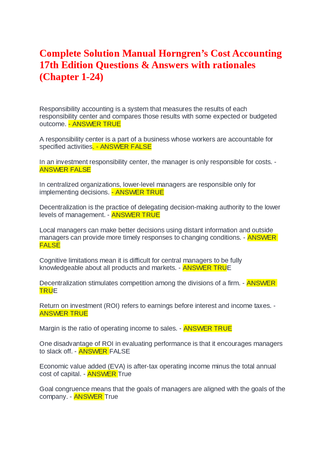 Complete Solution Manual Horngren’s Cost Accounting 17th Edition Questions & Answers with ...