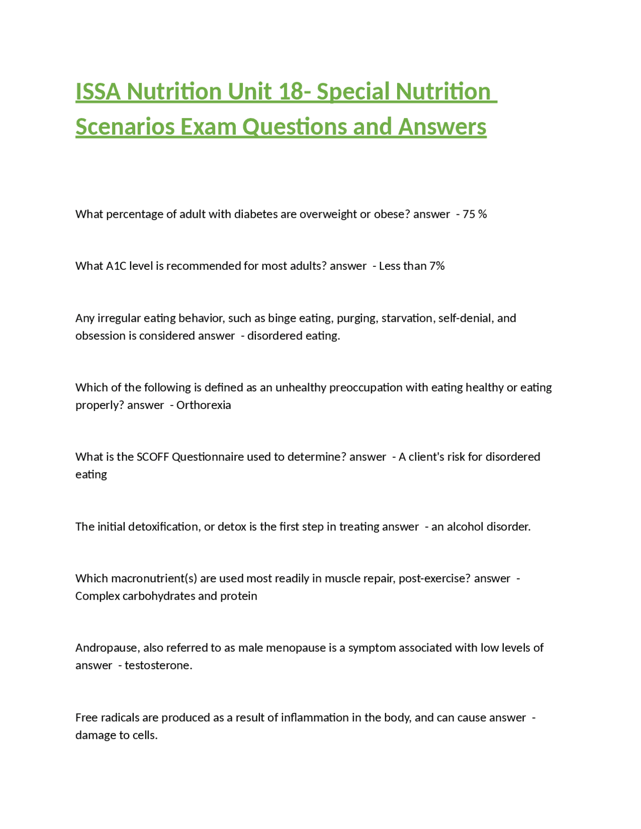 ISSA Nutrition Unit 18 - Special Nutrition: Scenarios Exam Questions ...
