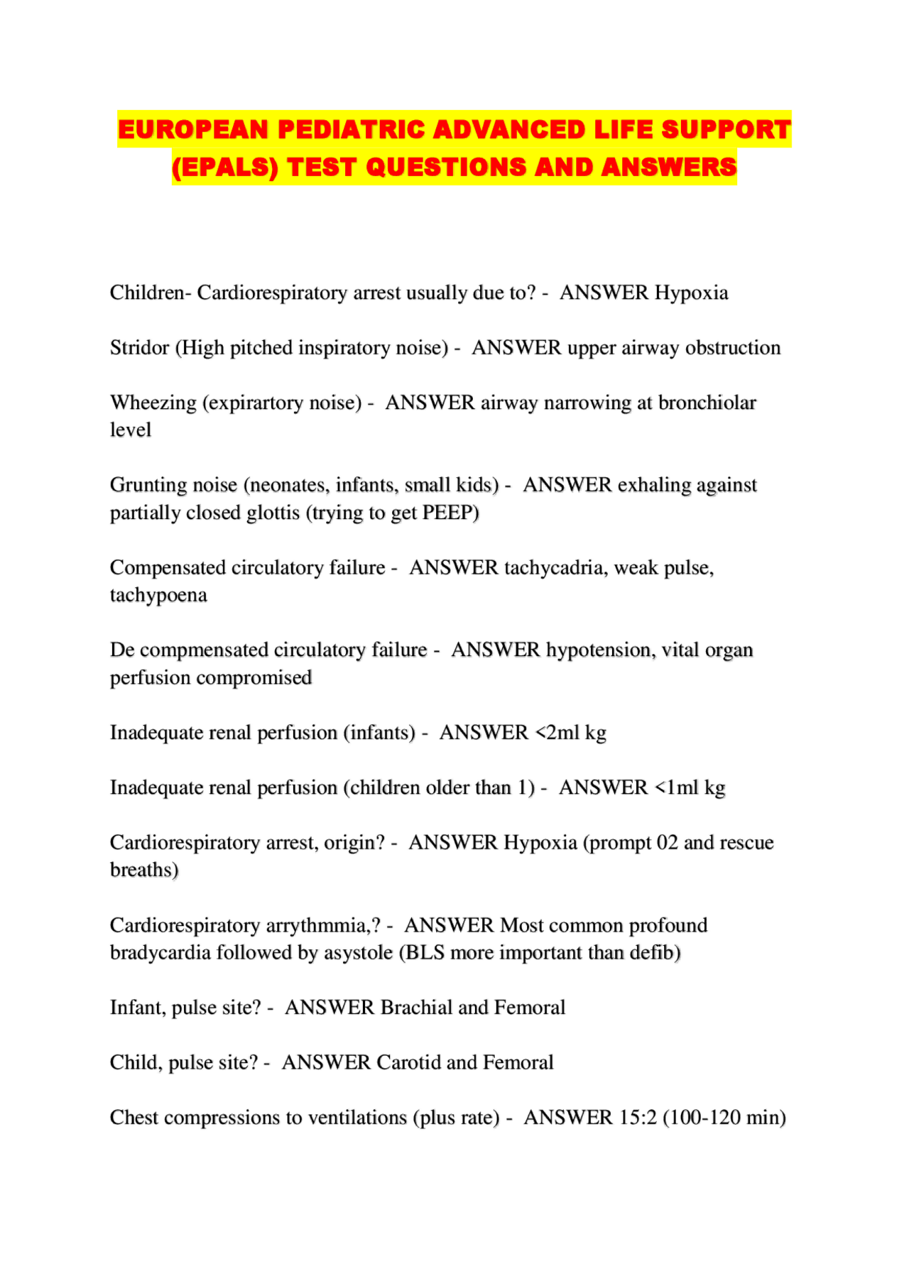 EUROPEAN PEDIATRIC ADVANCED LIFE SUPPORT (EPALS) TEST QUESTIONS AND ...