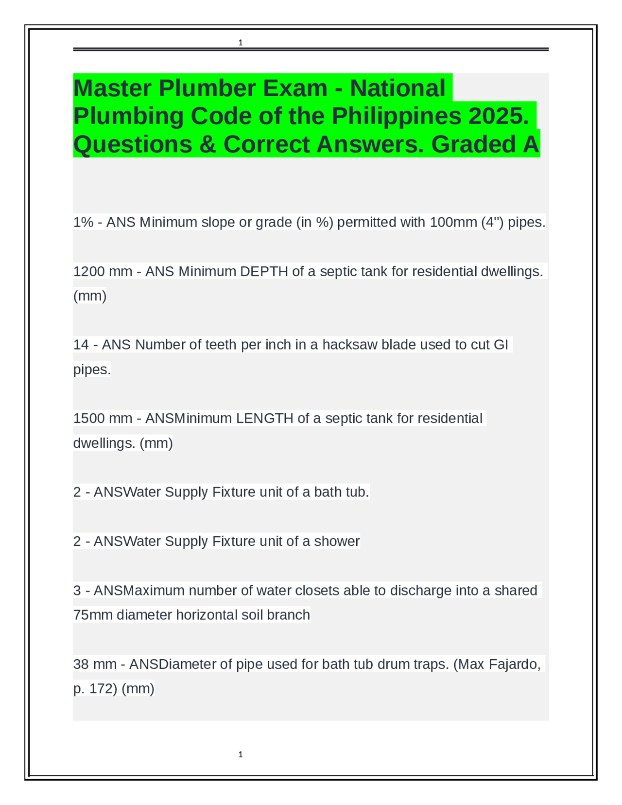 Master Plumber Exam: Philippine Plumbing Code 2025 Questions & Answers ...