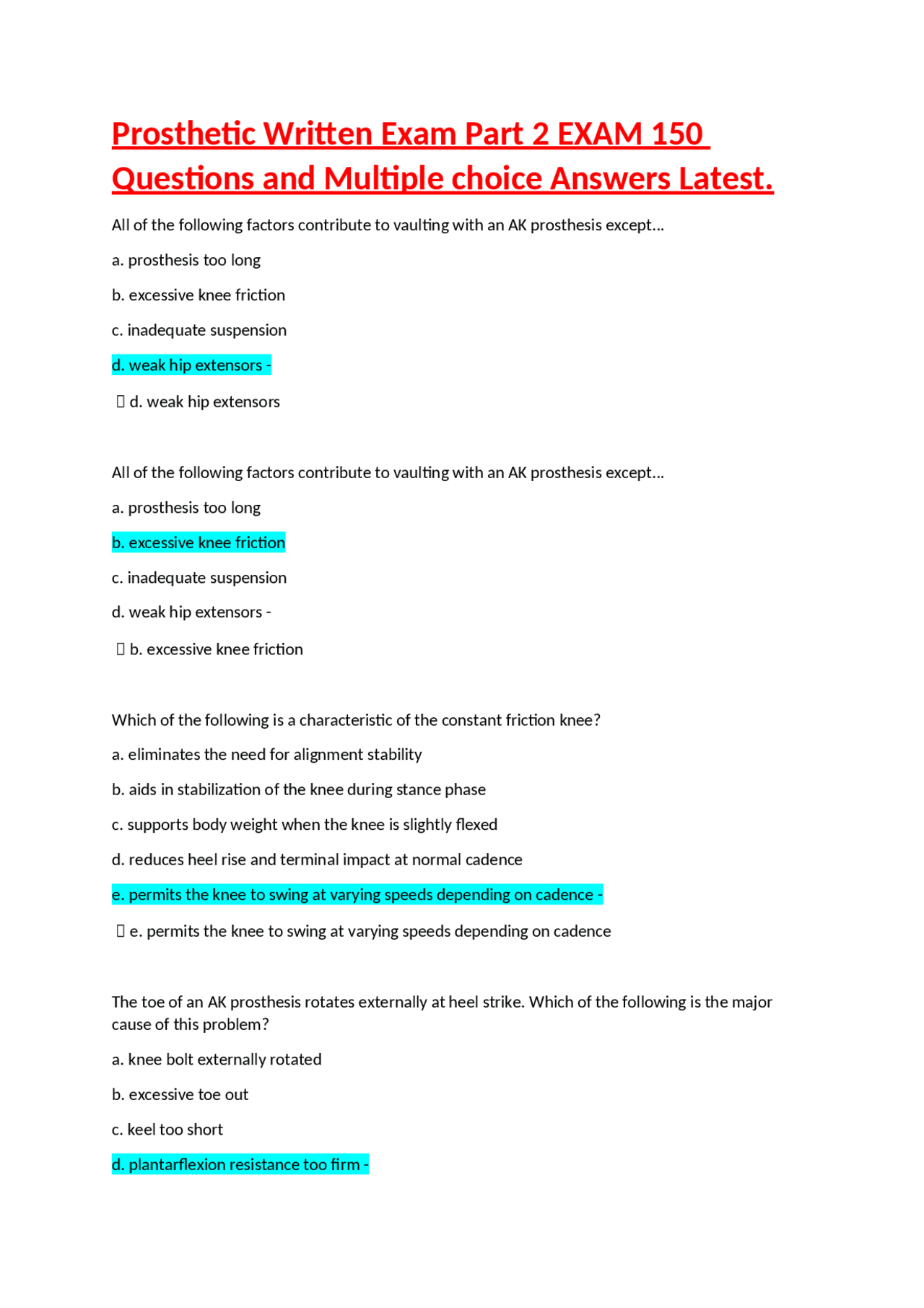 Prosthetic Written Exam Part 2 EXAM 150 Questions and Multiple choice ...