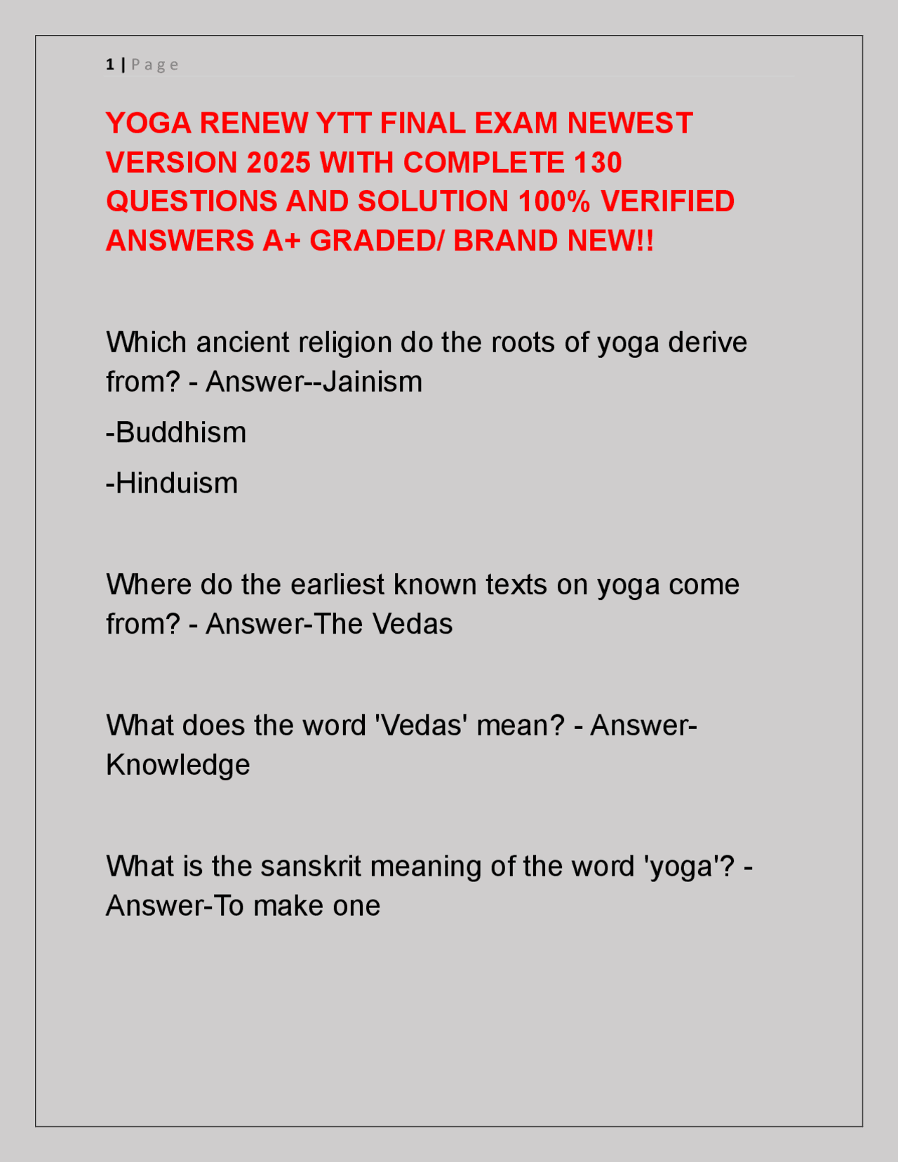 YOGA RENEW YTT FINAL EXAM NEWEST VERSION 2025 WITH COMPLETE 130 ...