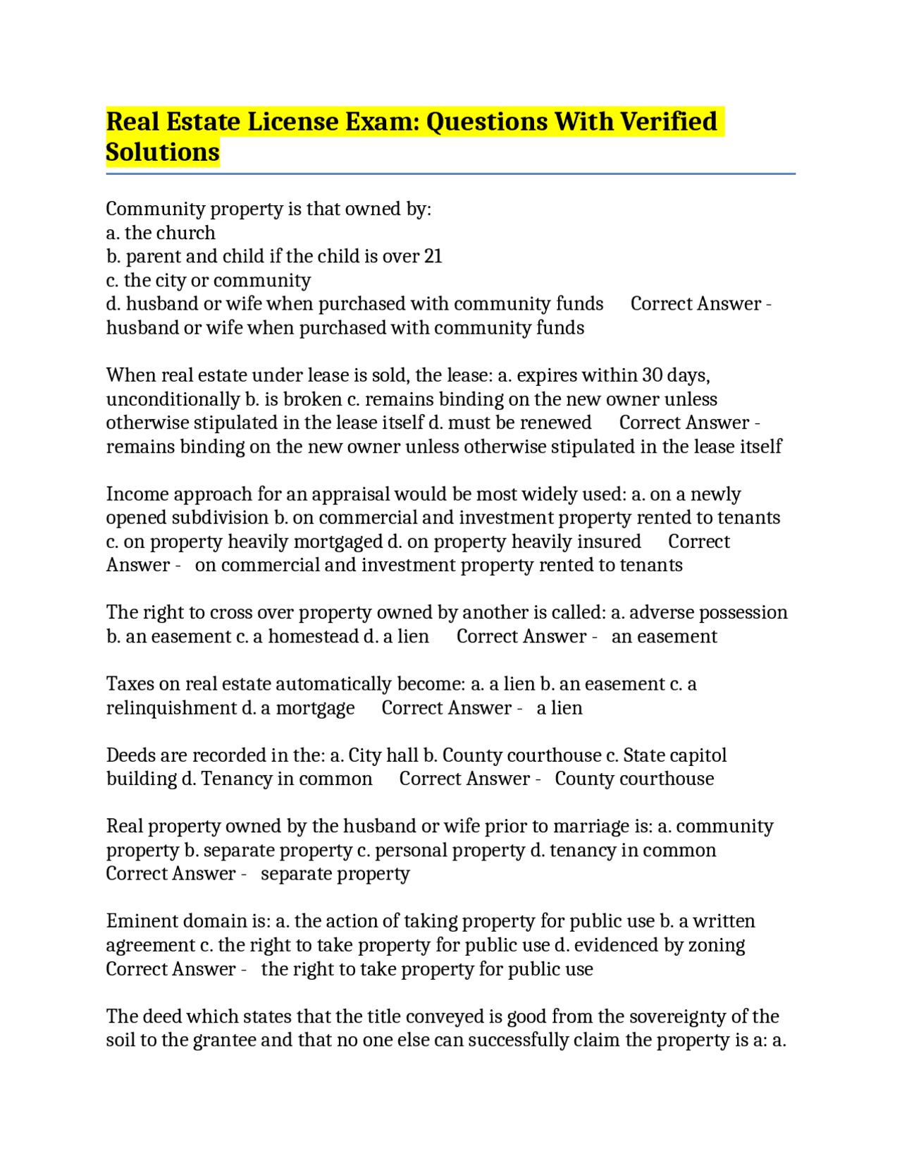 Real Estate License Exam: Questions With Verified Solutions | Exams ...