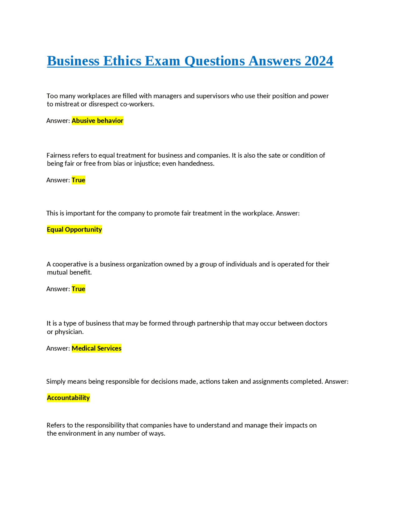 Business Ethics Exam Questions Answers 2024 | Exams Nursing | Docsity