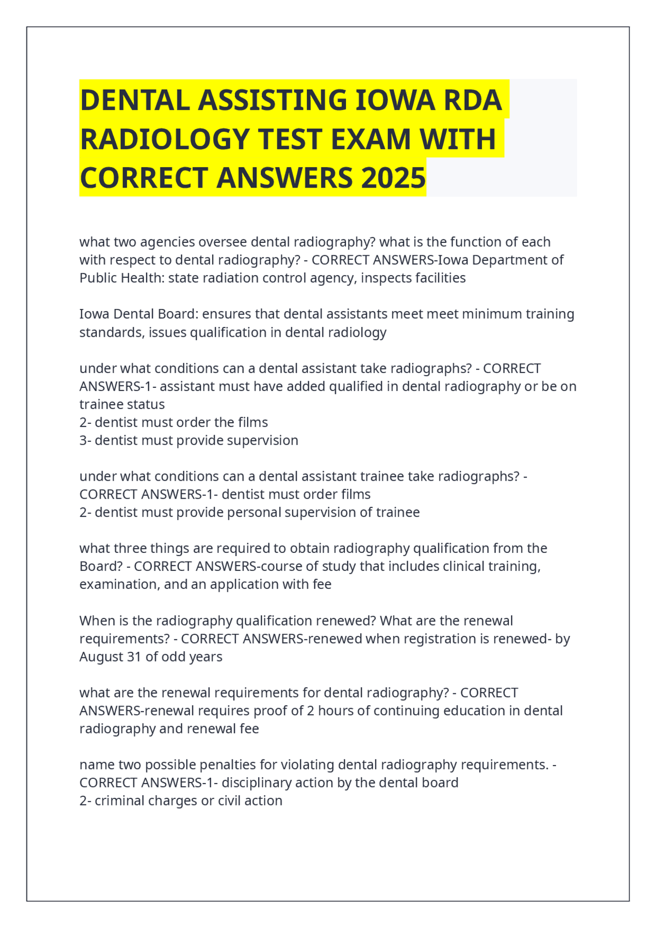 DENTAL ASSISTING IOWA RDA RADIOLOGY TEST EXAM WITH CORRECT ANSWERS 2025 ...
