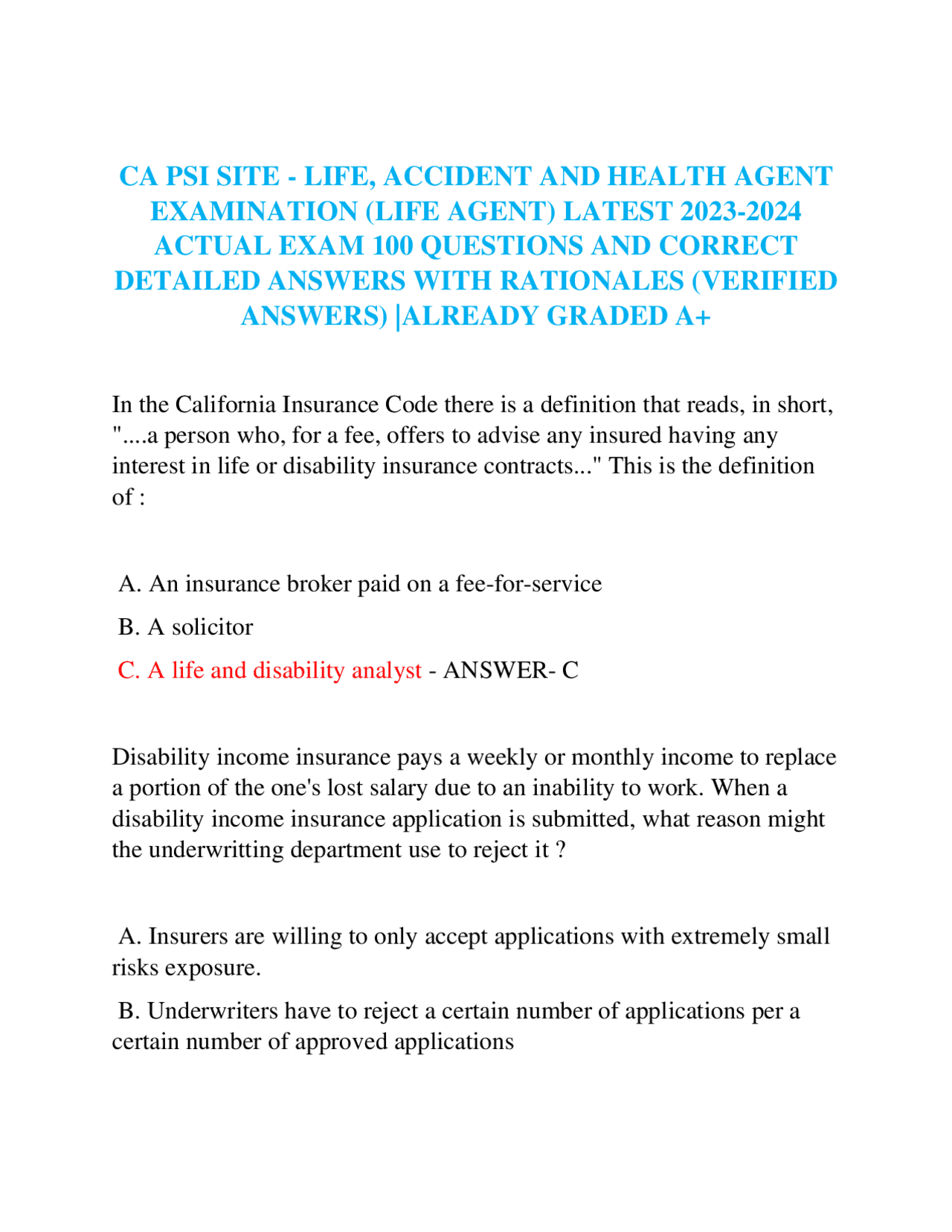 CA PSI SITE - LIFE, ACCIDENT AND HEALTH AGENT EXAMINATION (LIFE AGENT ...