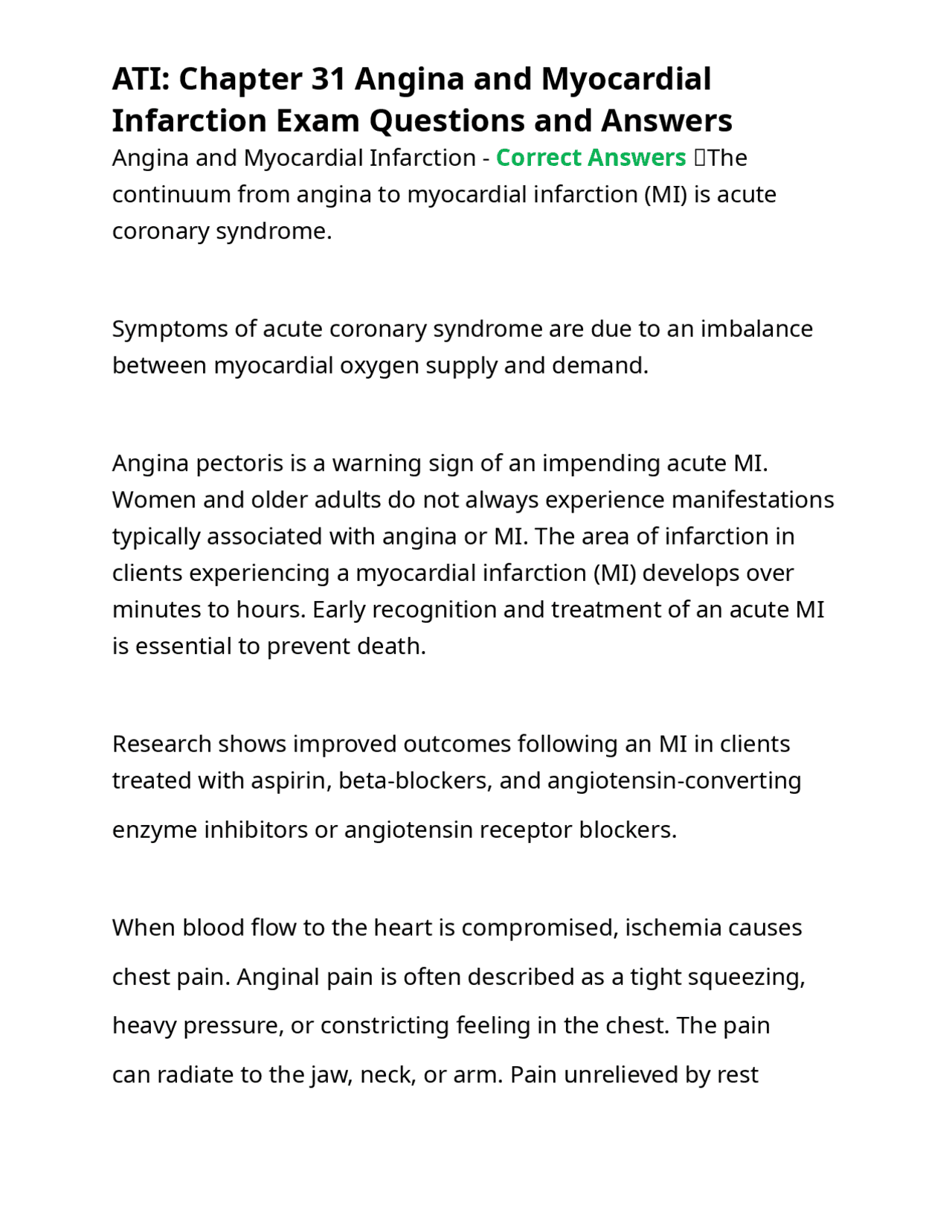 ATI: Chapter 31 Angina and Myocardial Infarction Exam Questions and ...