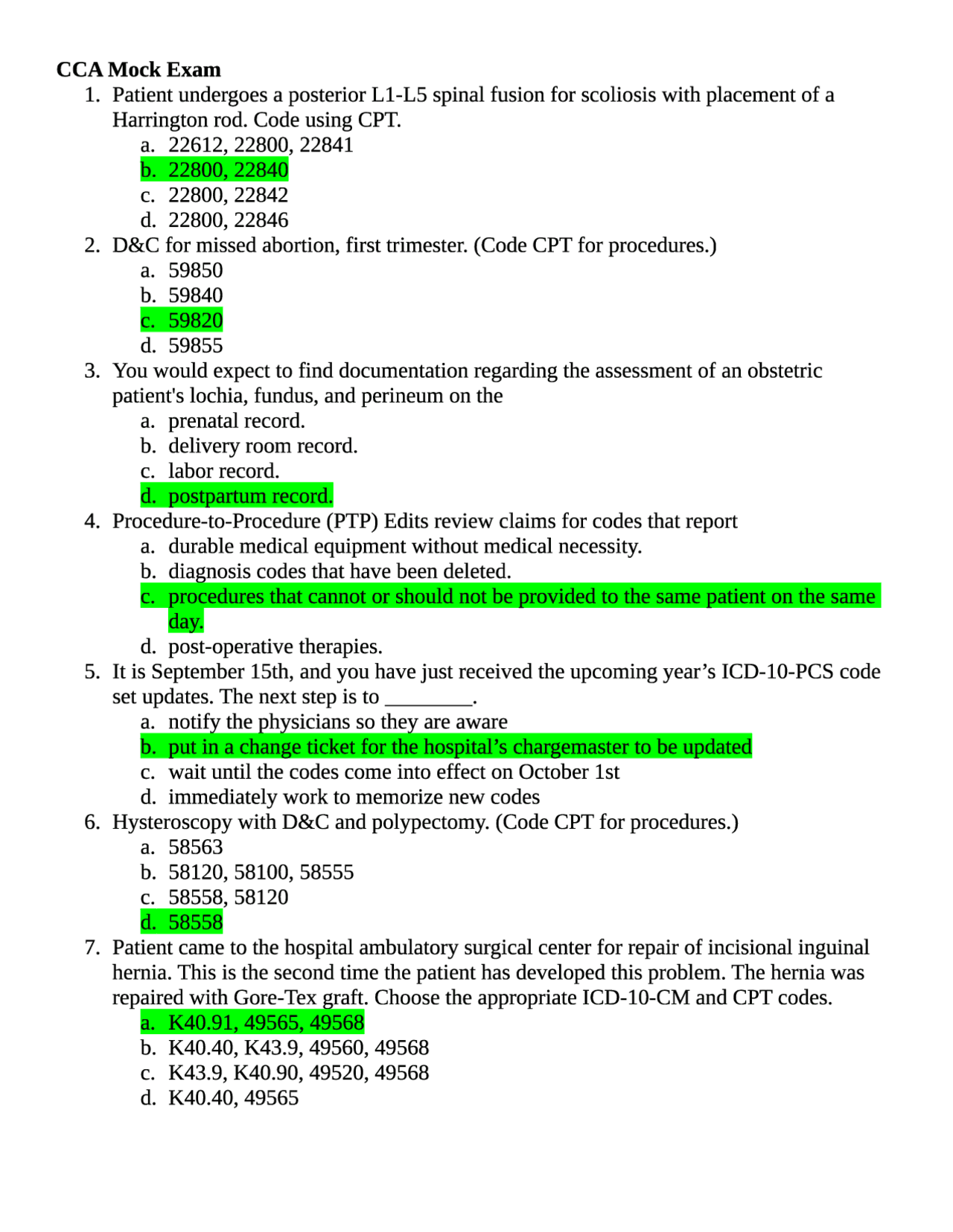 CCA Mock Exam Questions & Answers | Exams Nursing | Docsity