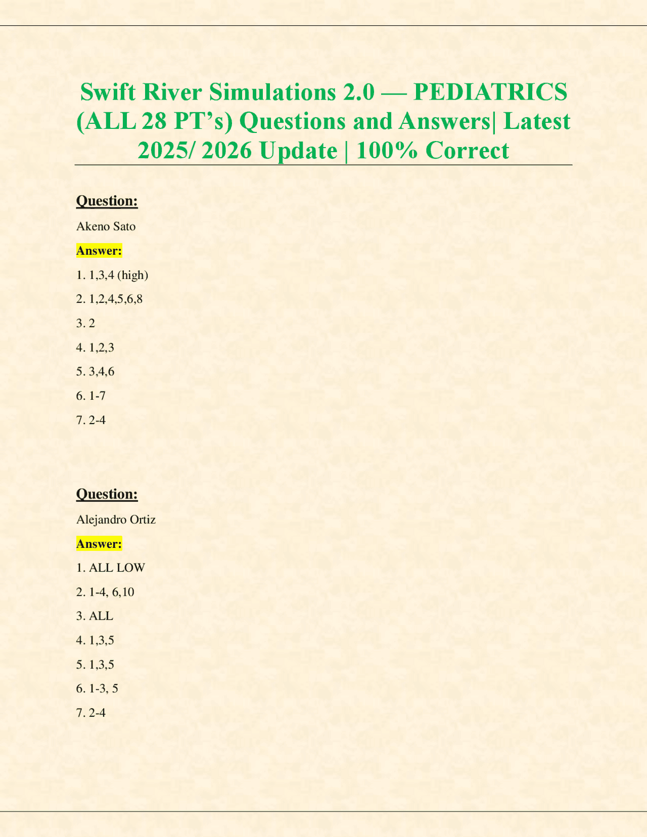 Swift River Simulations 2.0 — PEDIATRICS (ALL 28 PT’s) Questions and ...