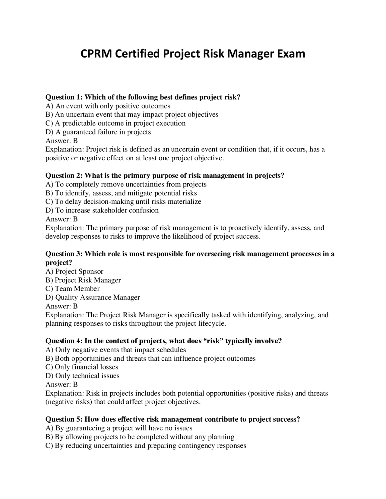 CPRM Certified Project Risk Manager Exam | Exams Technology | Docsity
