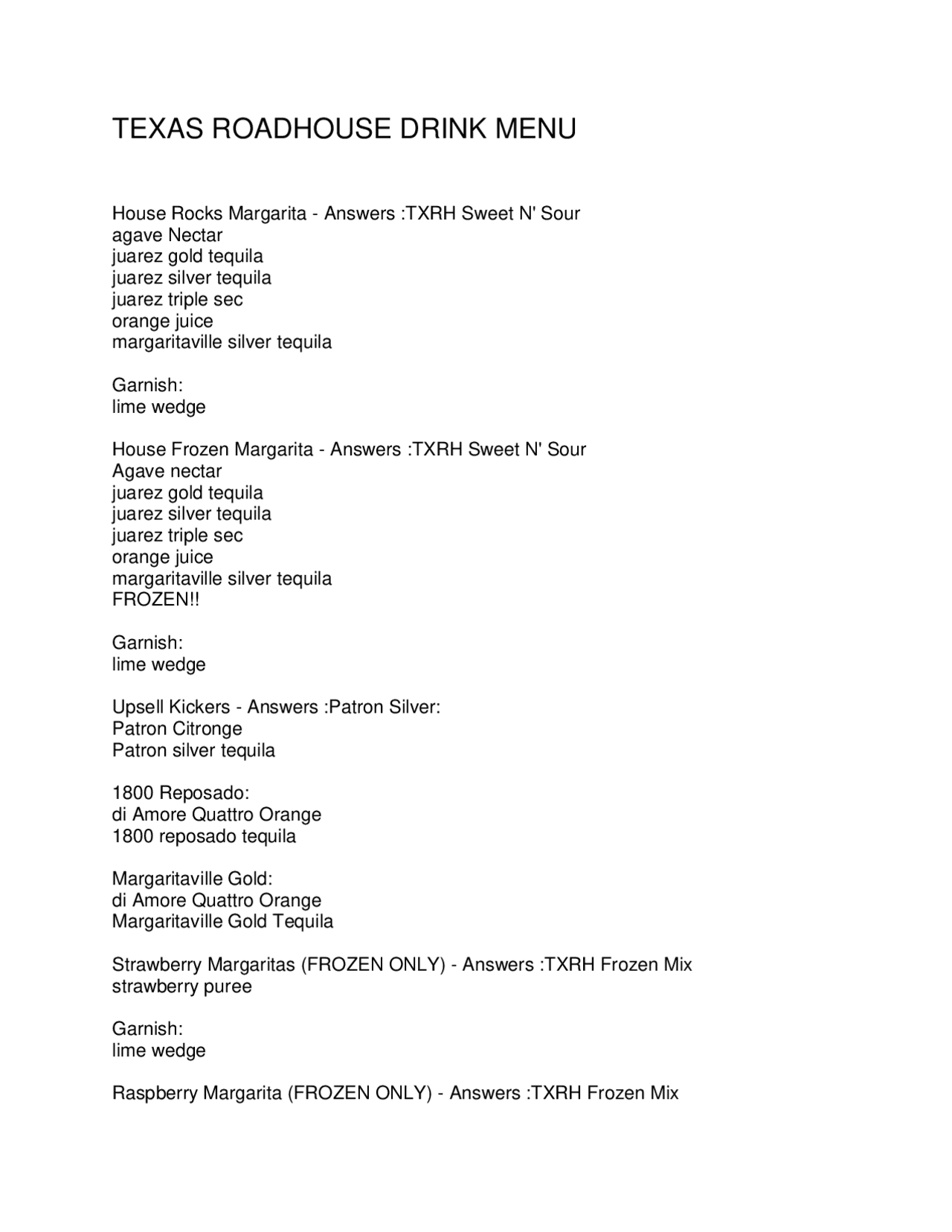 TEXAS ROADHOUSE DRINK MENU | Exams Social Sciences | Docsity