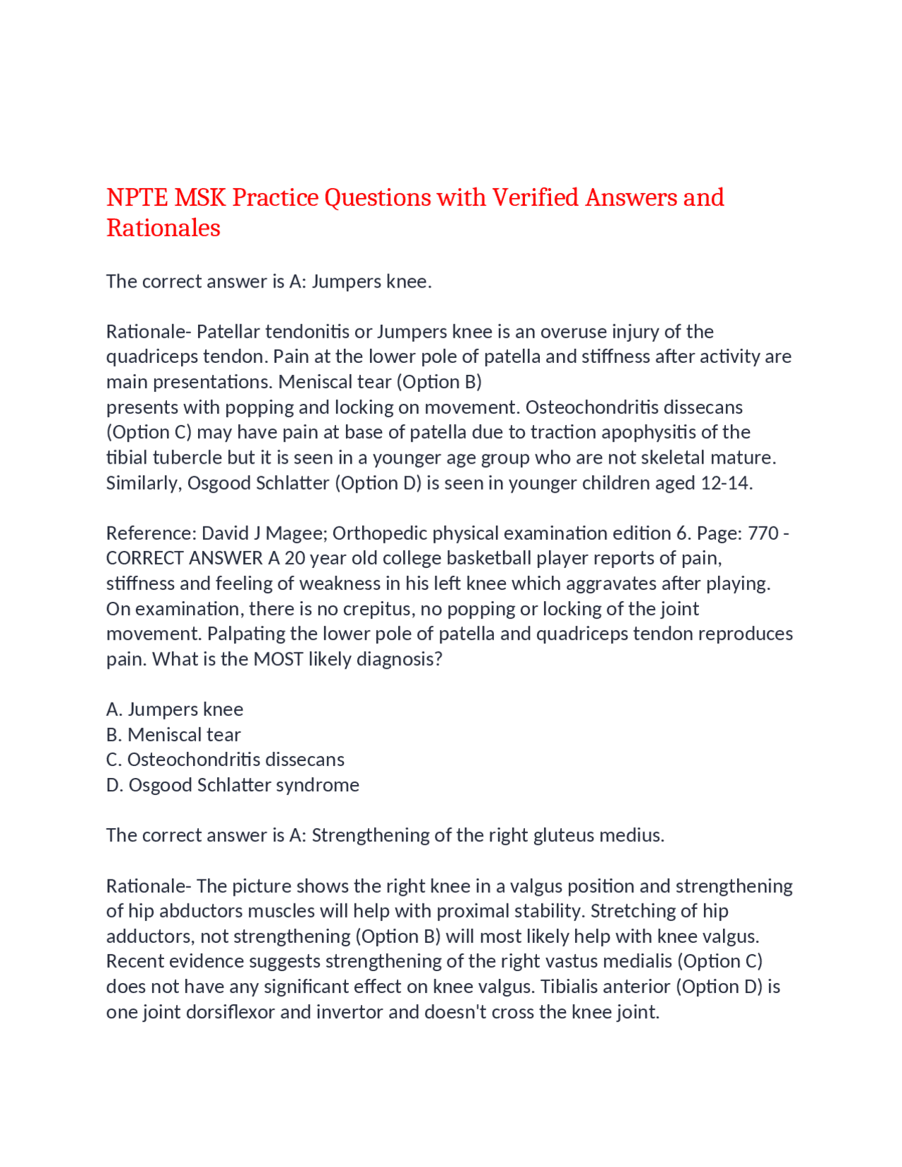 NPTE MSK Practice Questions with Verified Answers and Rationales,100% ...