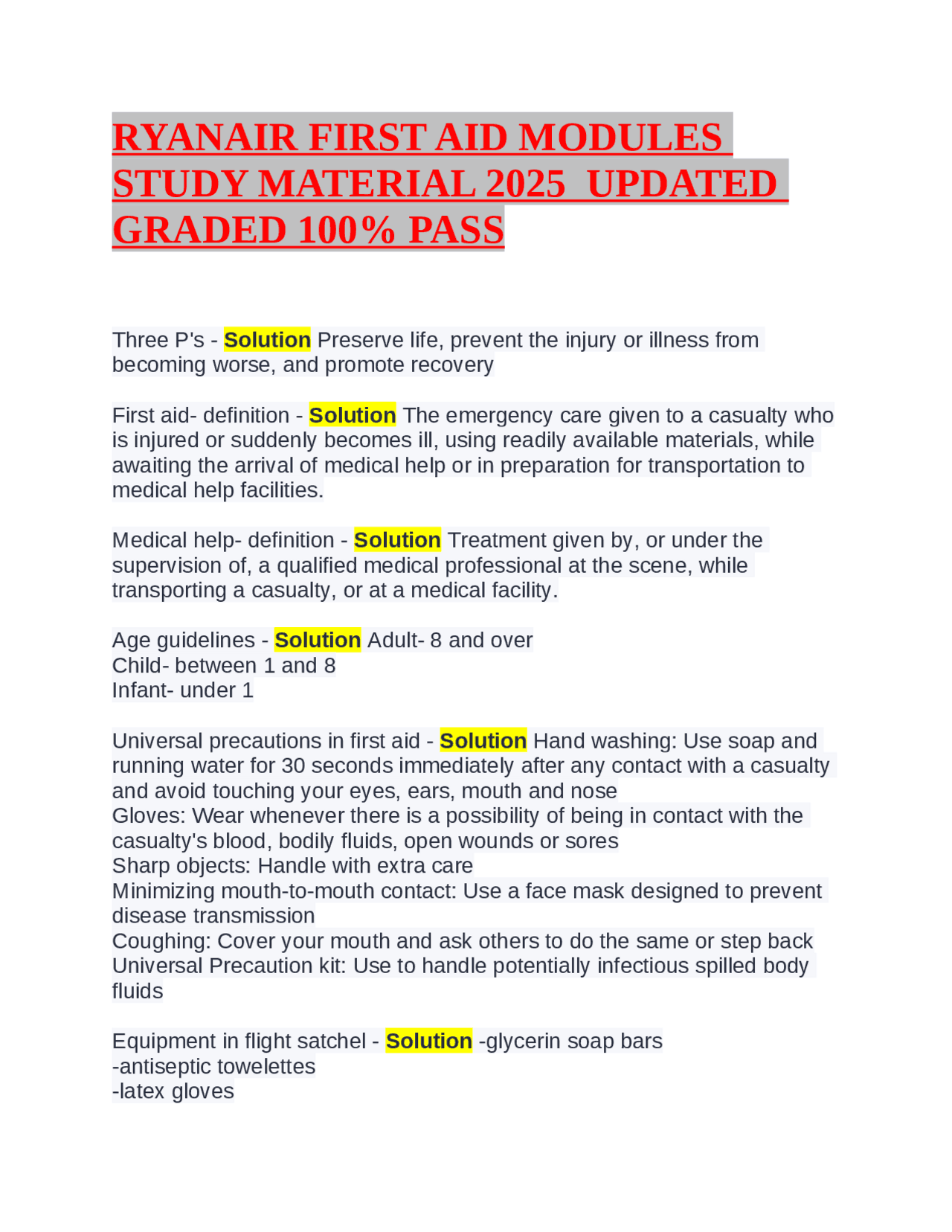 RYANAIR FIRST AID MODULES STUDY MATERIAL 2025 UPDATED GRADED 100% PASS ...