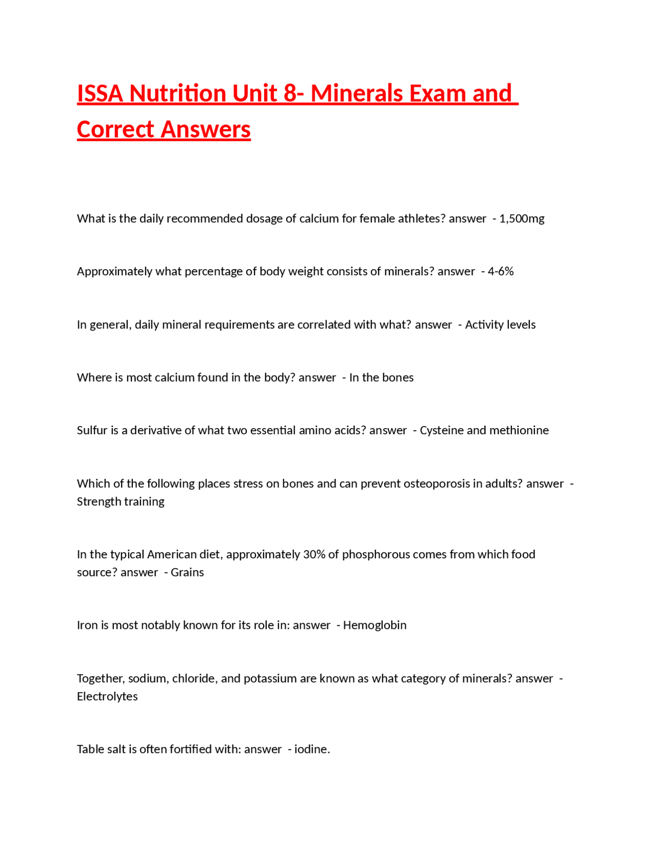 ISSA Nutrition Unit 8 - Minerals Exam and Correct Answers | Exams ...