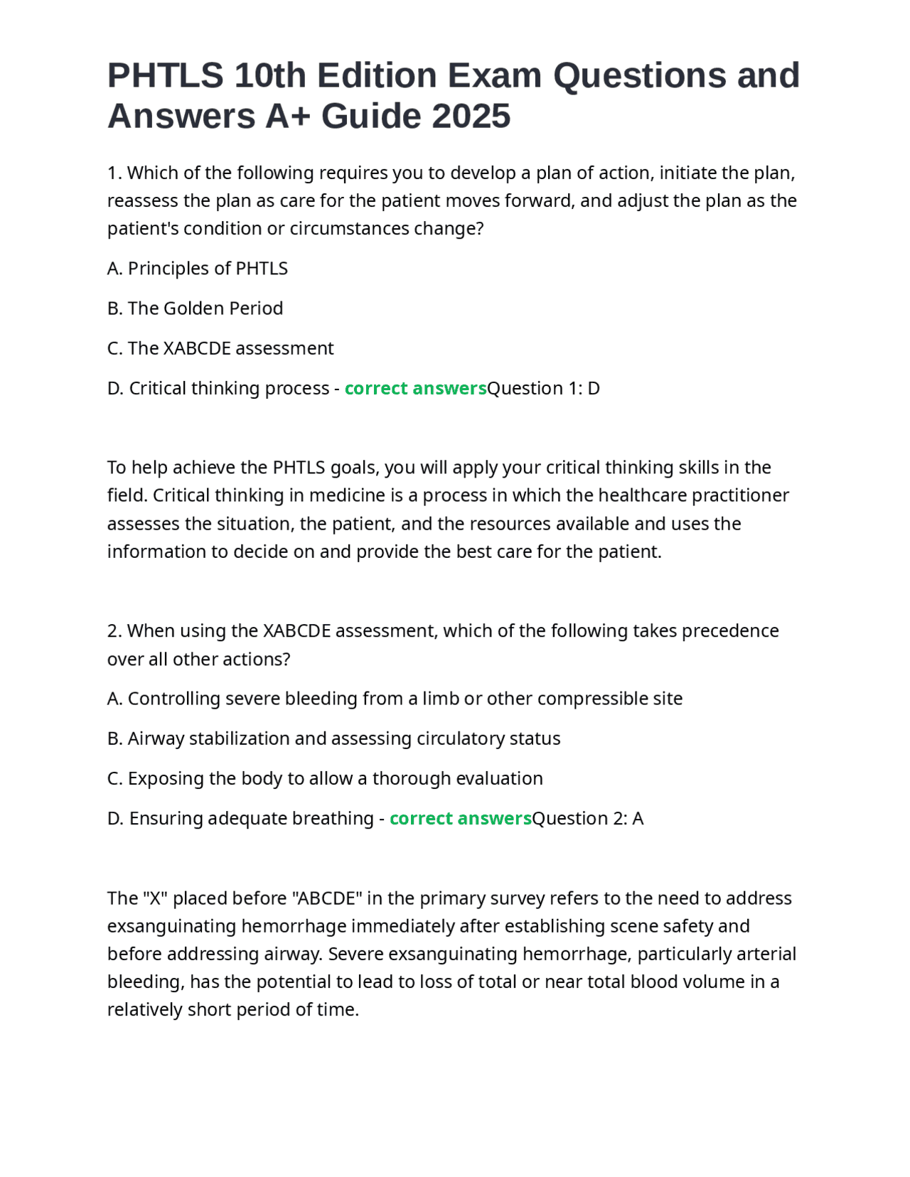 PHTLS 10th Edition Exam Questions and Answers: A Comprehensive Guide ...