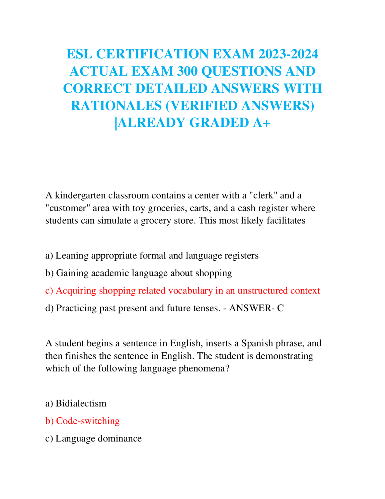 ESL CERTIFICATION EXAM 2023-2024 ACTUAL EXAM 300 QUESTIONS AND CORRECT ...