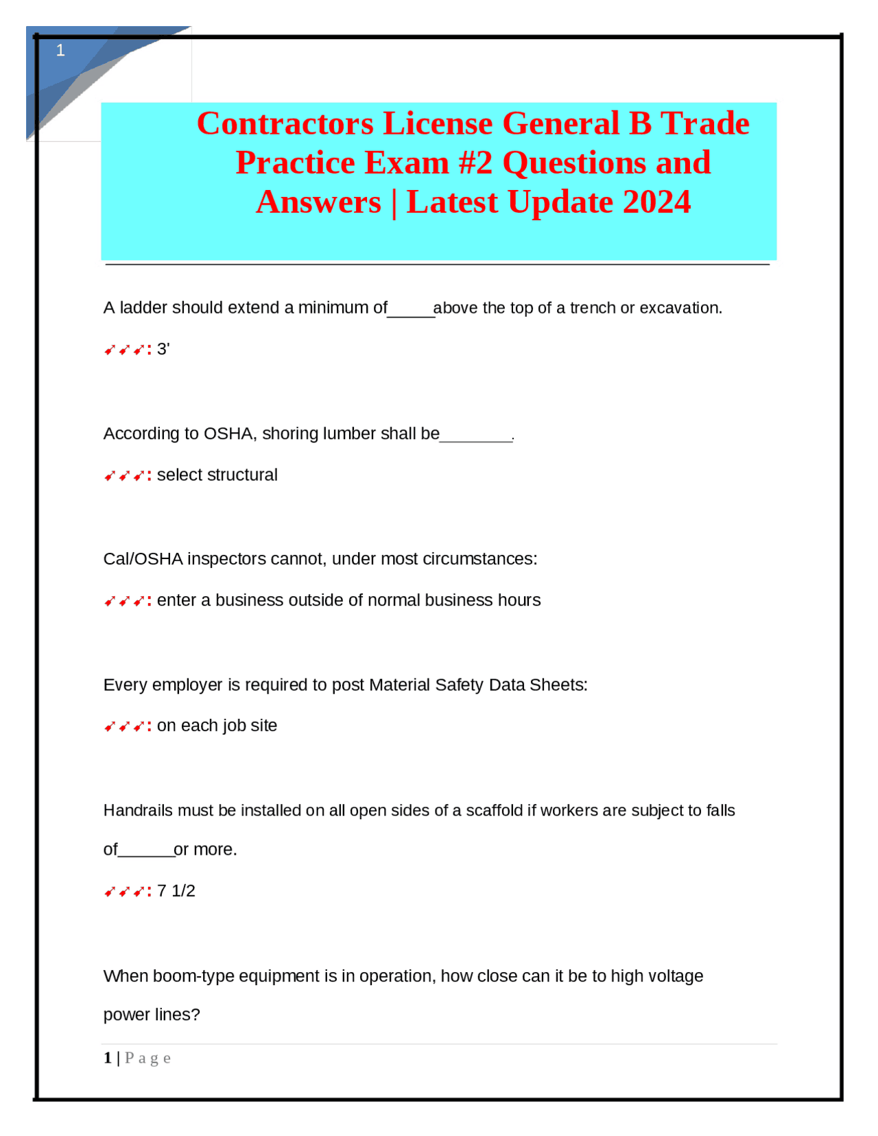 Contractors License General B Trade Practice Exam 2 Questions and Answers | Exams Nursing | Docsity