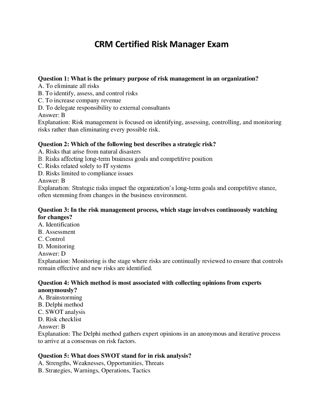 CRM Certified Risk Manager Exam | Exams Technology | Docsity