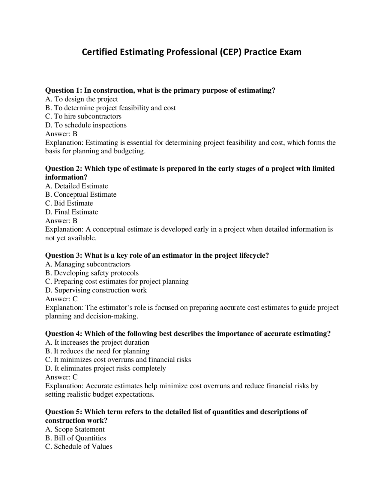 Certified Estimating Professional (CEP) Exam | Exams Technology | Docsity