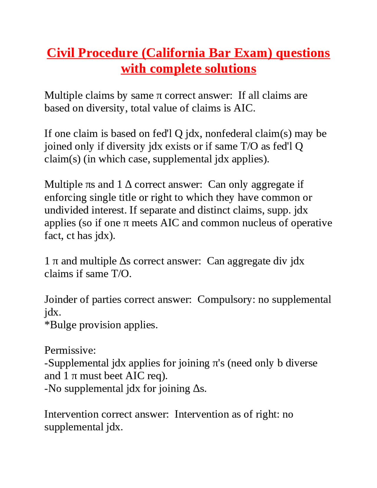 Civil Procedure (California Bar Exam) questions with complete solutions ...