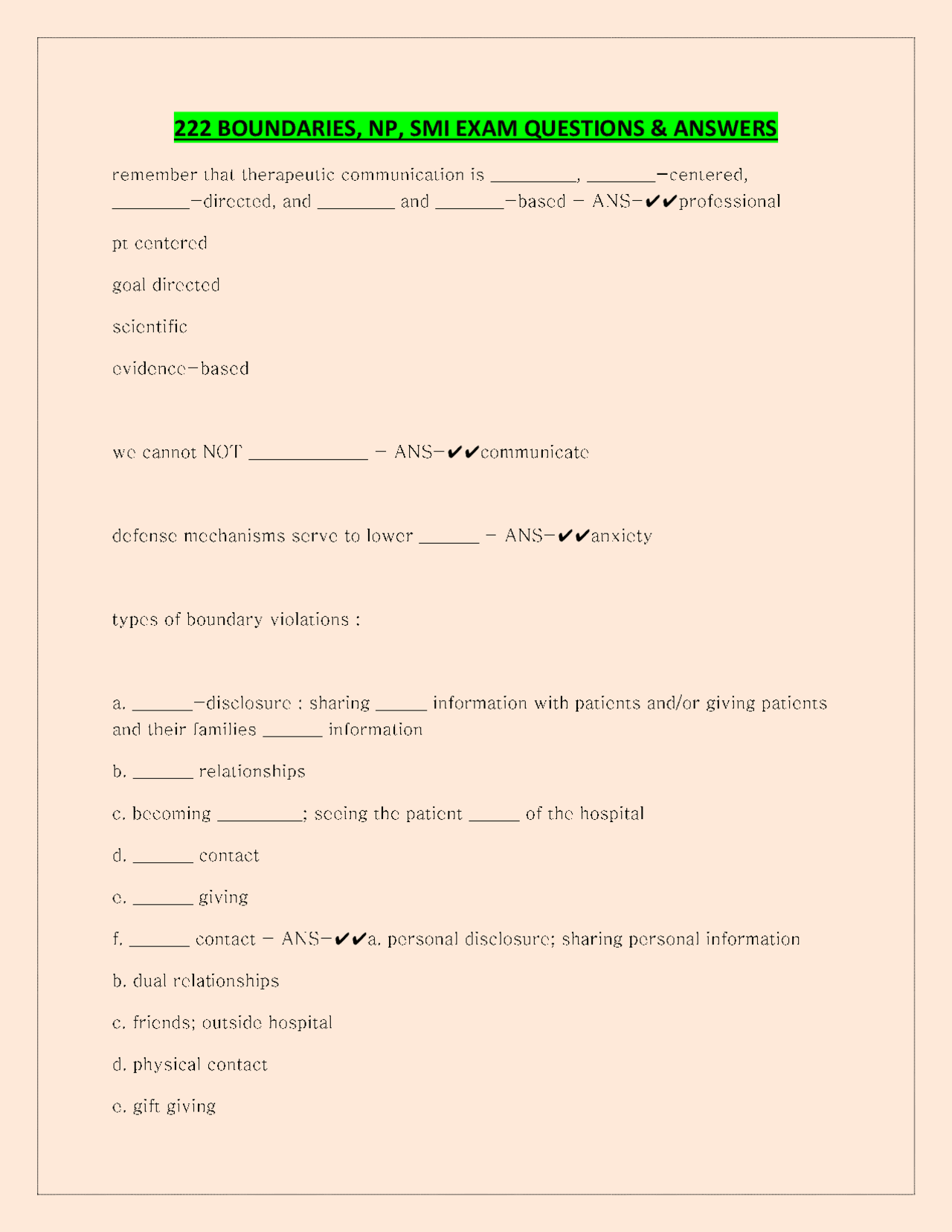 222 BOUNDARIES, NP, SMI EXAM QUESTIONS & ANSWERS | Exams Nursing | Docsity